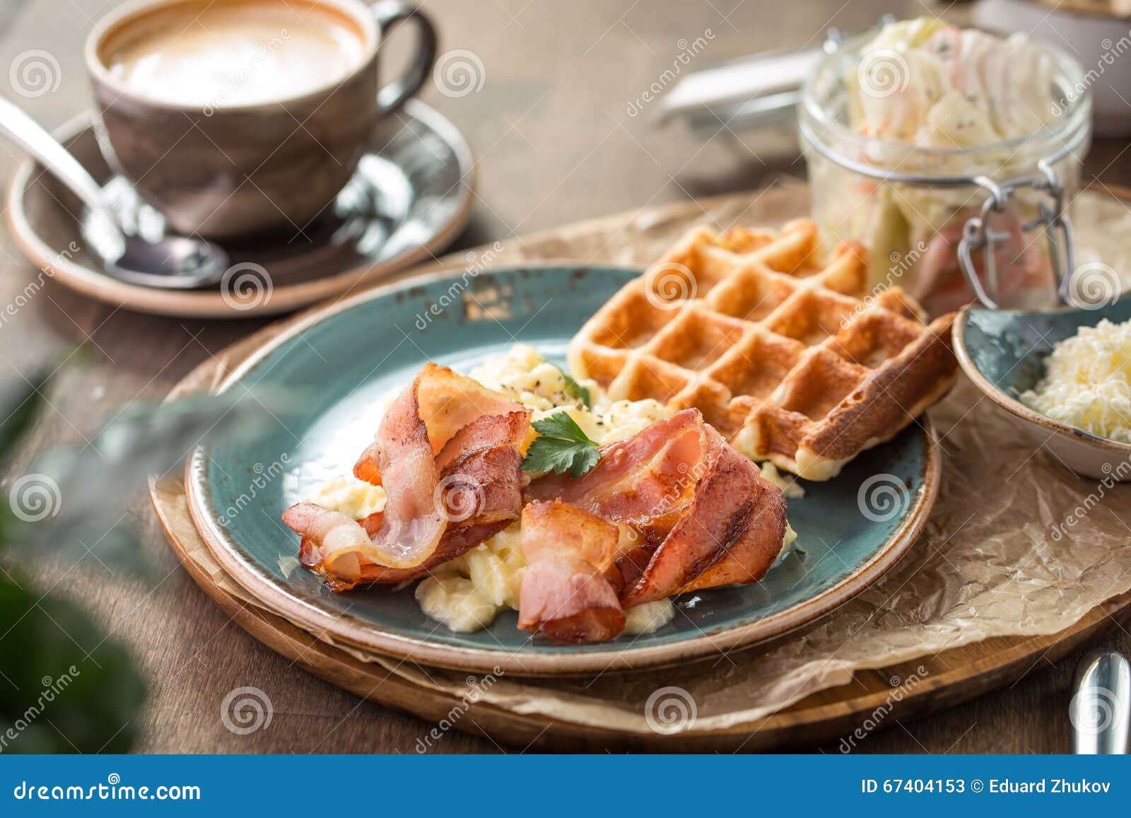 Belgian Waffles with Scrambled Eggs and Bacon Stock Image - Image of ...