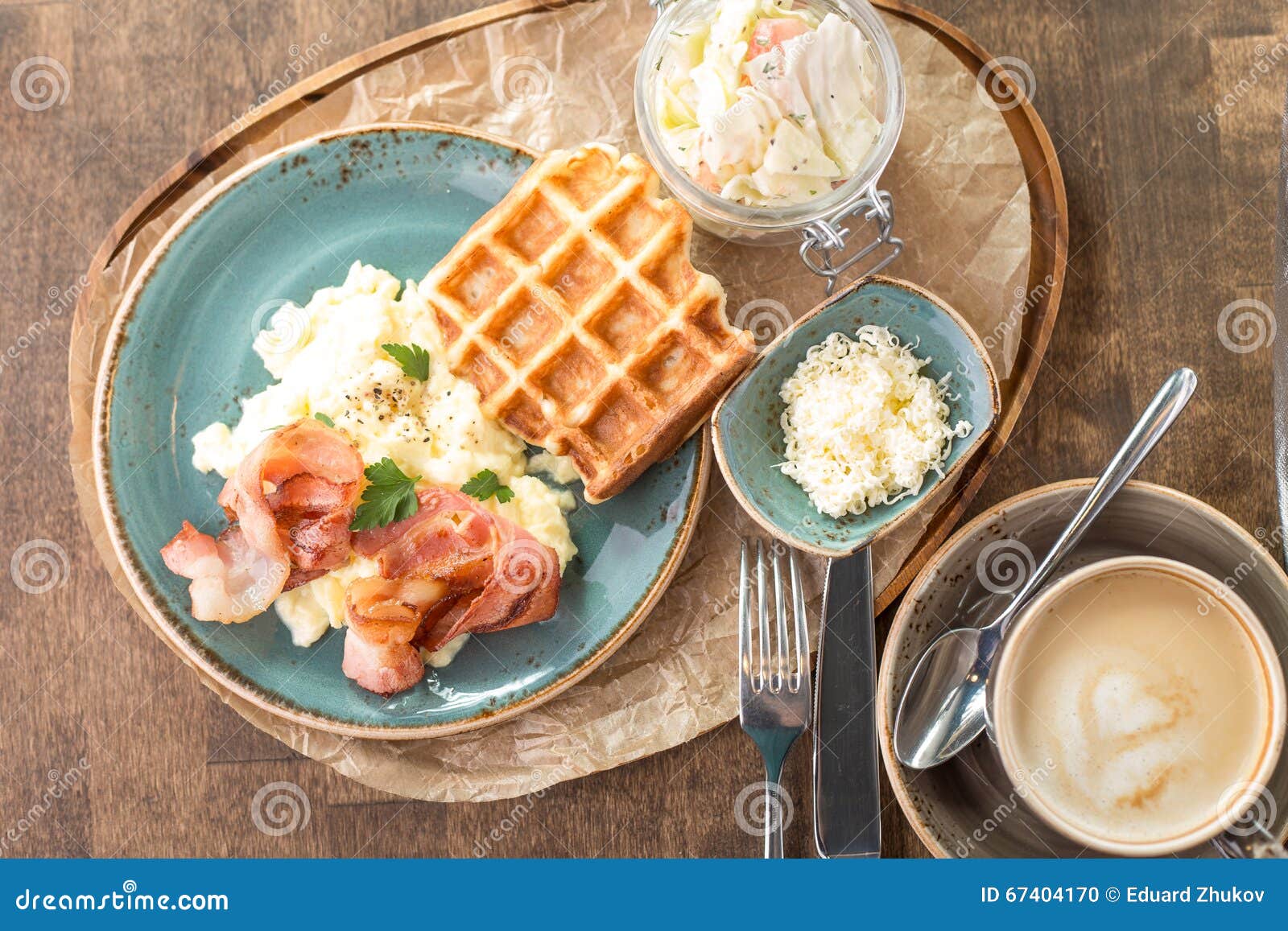 Belgian Waffles with Scrambled Eggs and Bacon Stock Photo - Image of ...