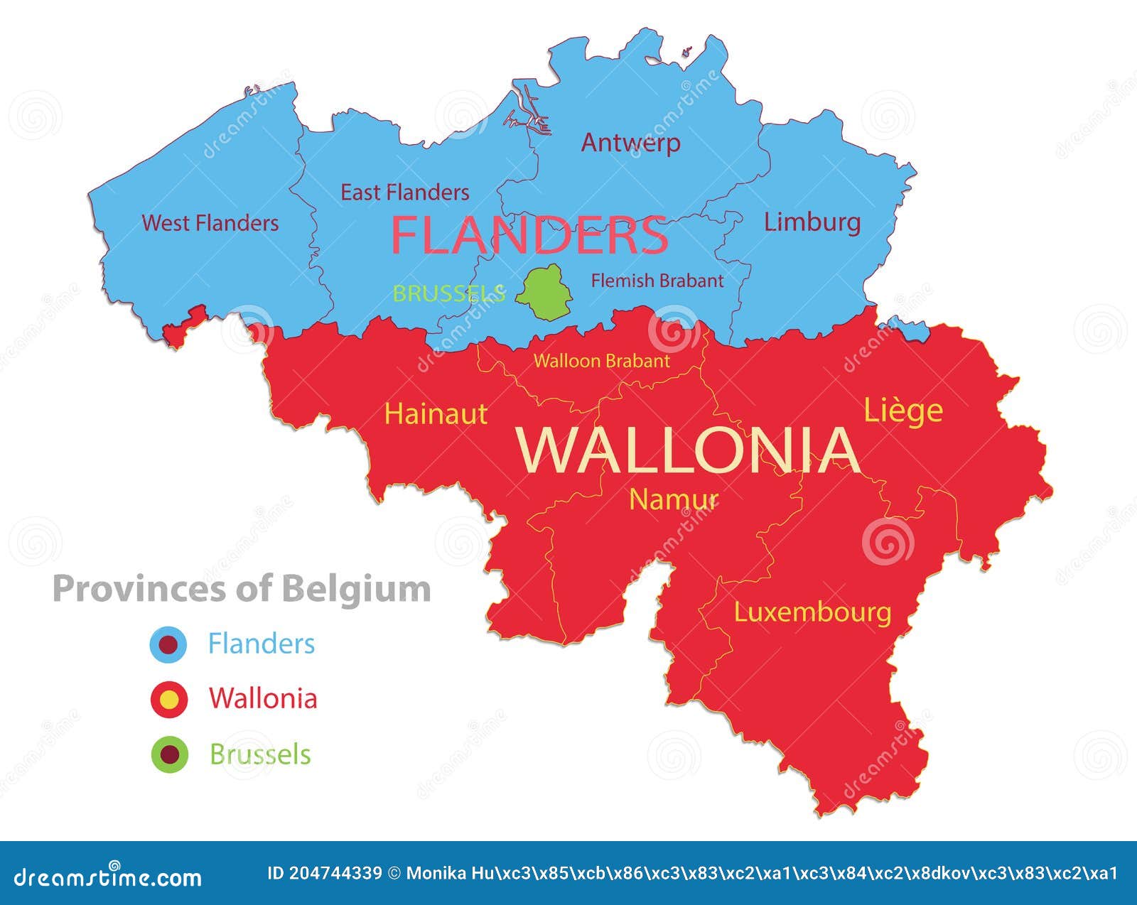Belgium Map, Individual Regions With Names, Provinces Of Belgium ...