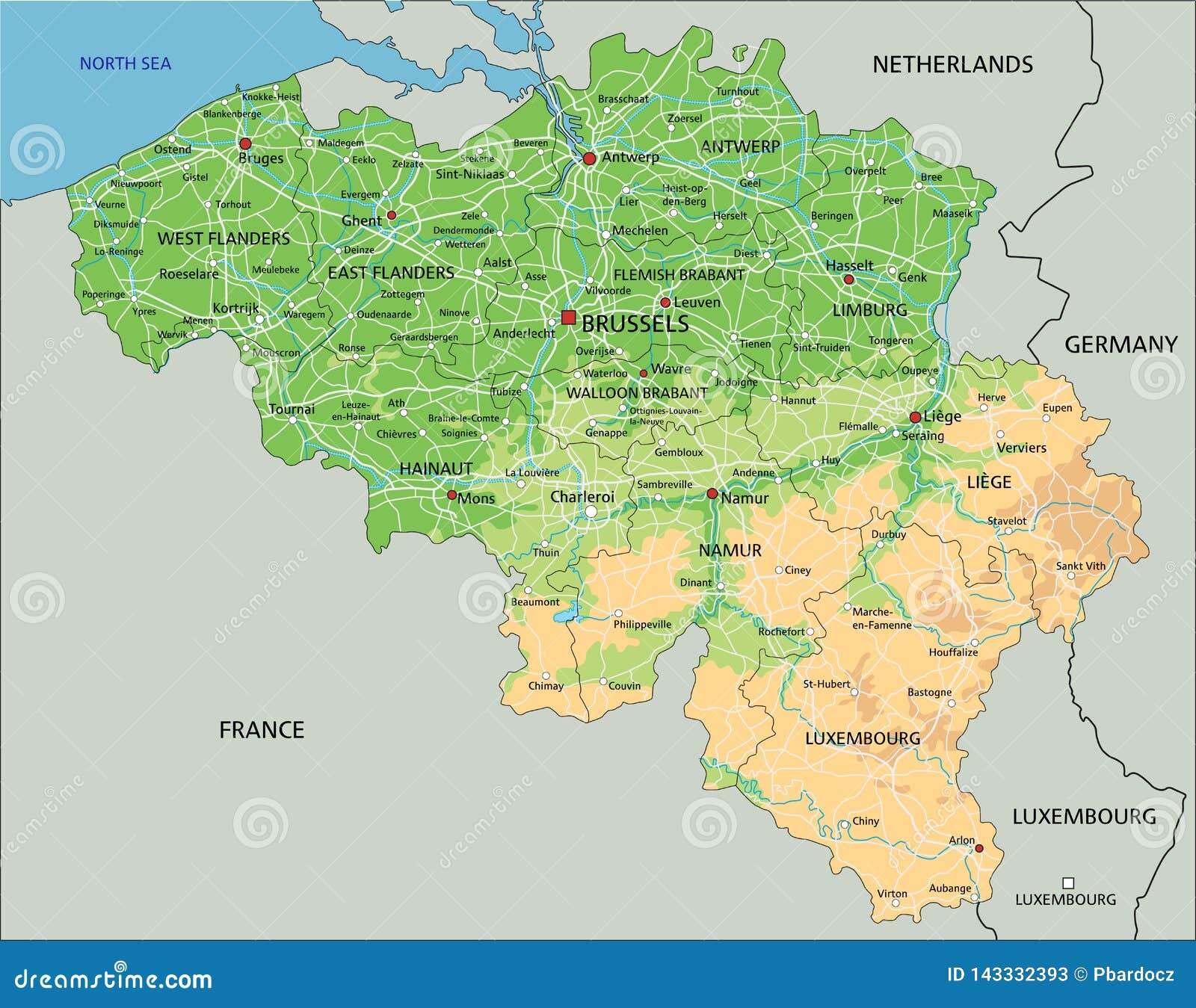 High Detailed Belgium Physical Map with Labeling. Stock Vector ...