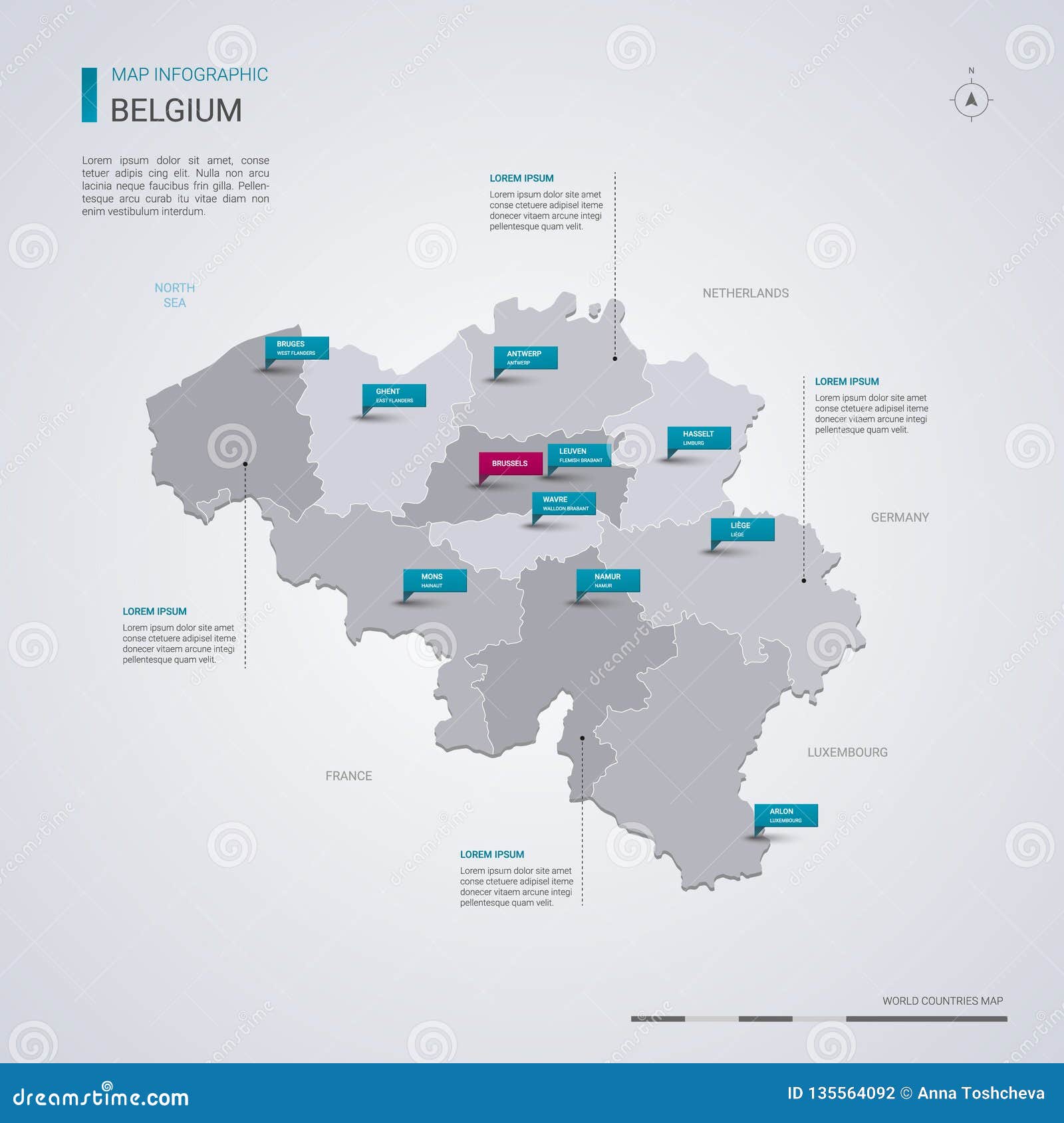 Belgium Vector Map with Infographic Elements, Pointer Marks Stock ...