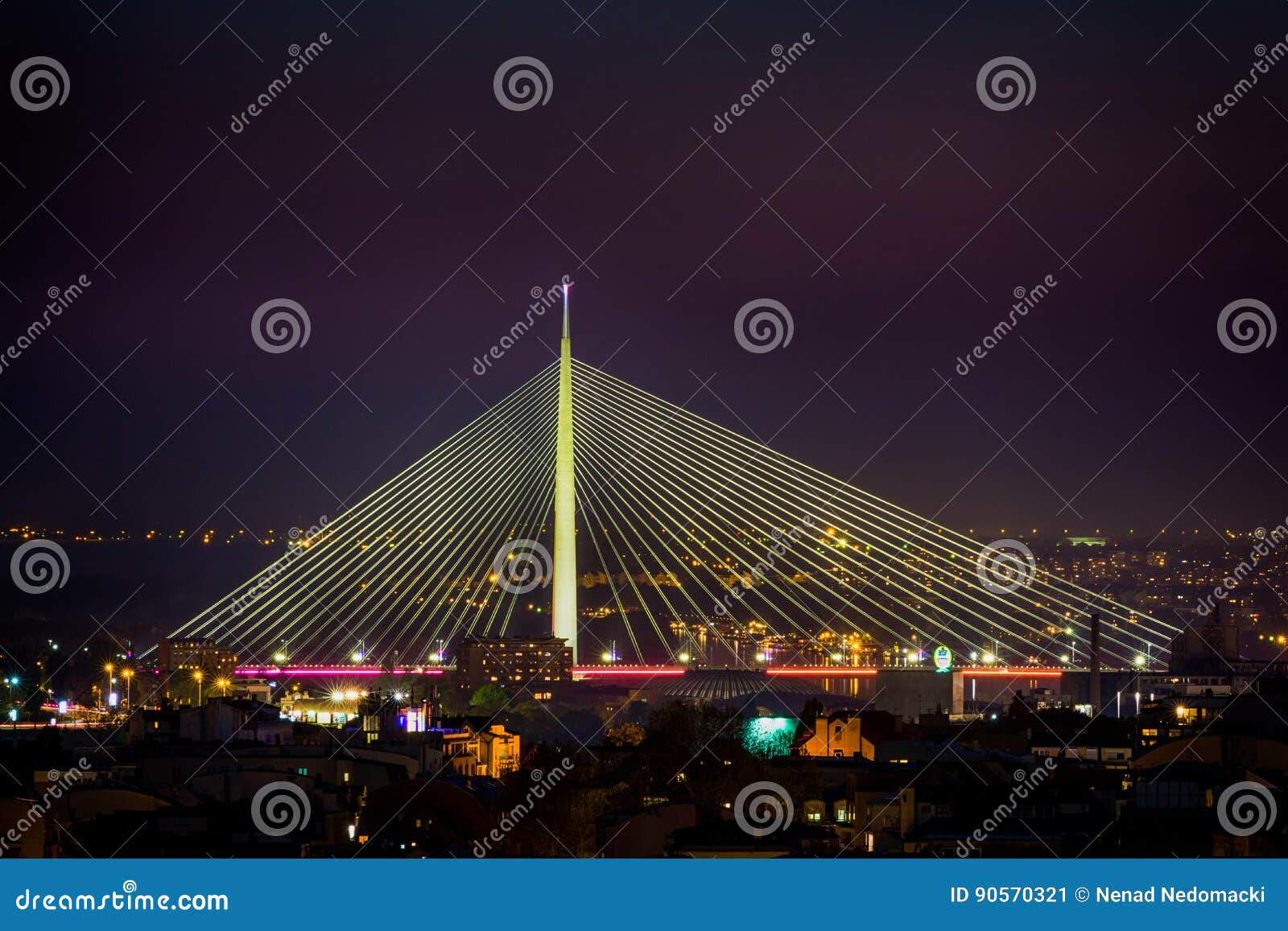 Belgrade Panorama with Ada Bridge by Night Stock Image - Image of ...
