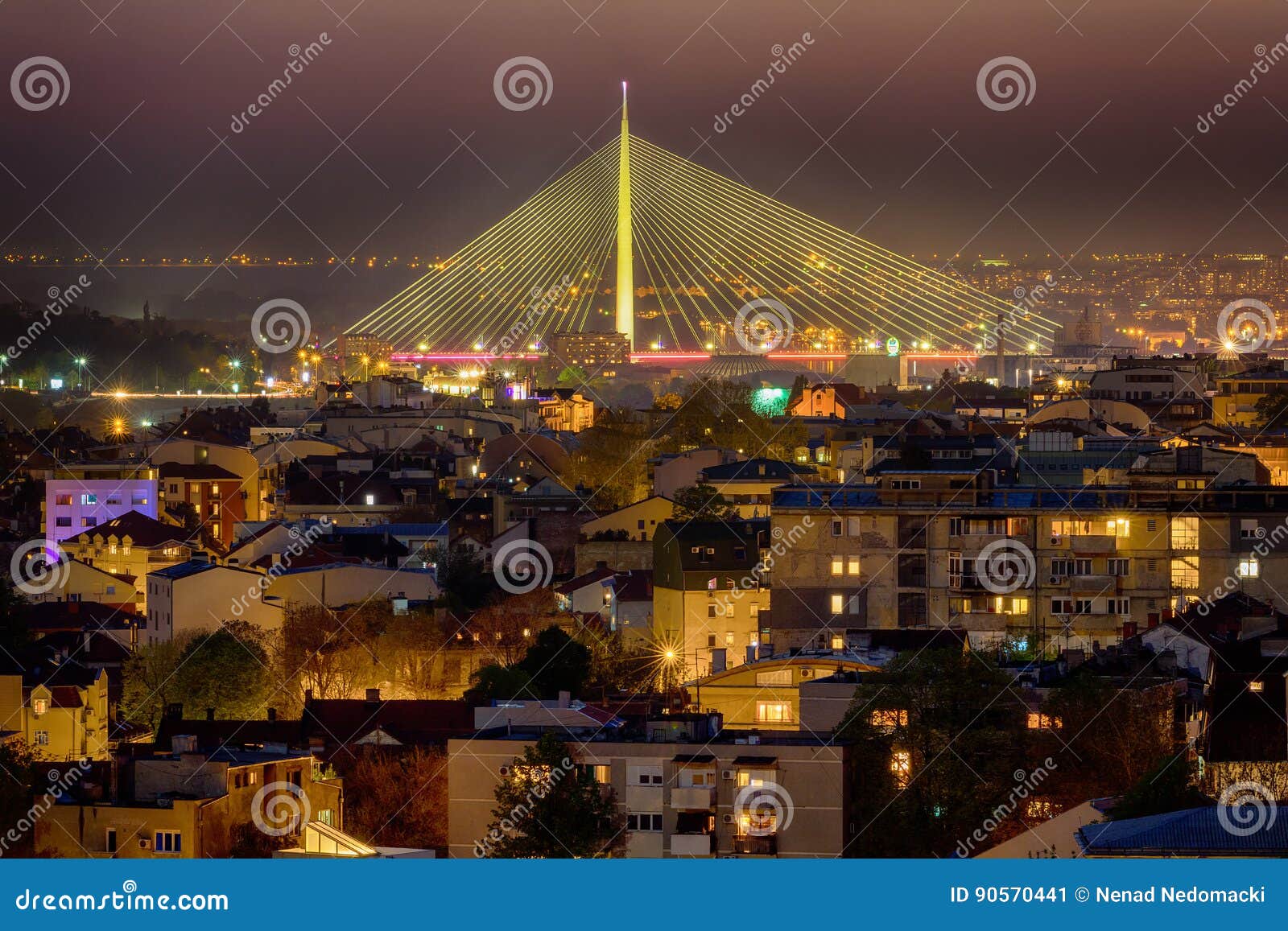 Belgrade Panorama with Ada Bridge by Night Stock Image - Image of ...