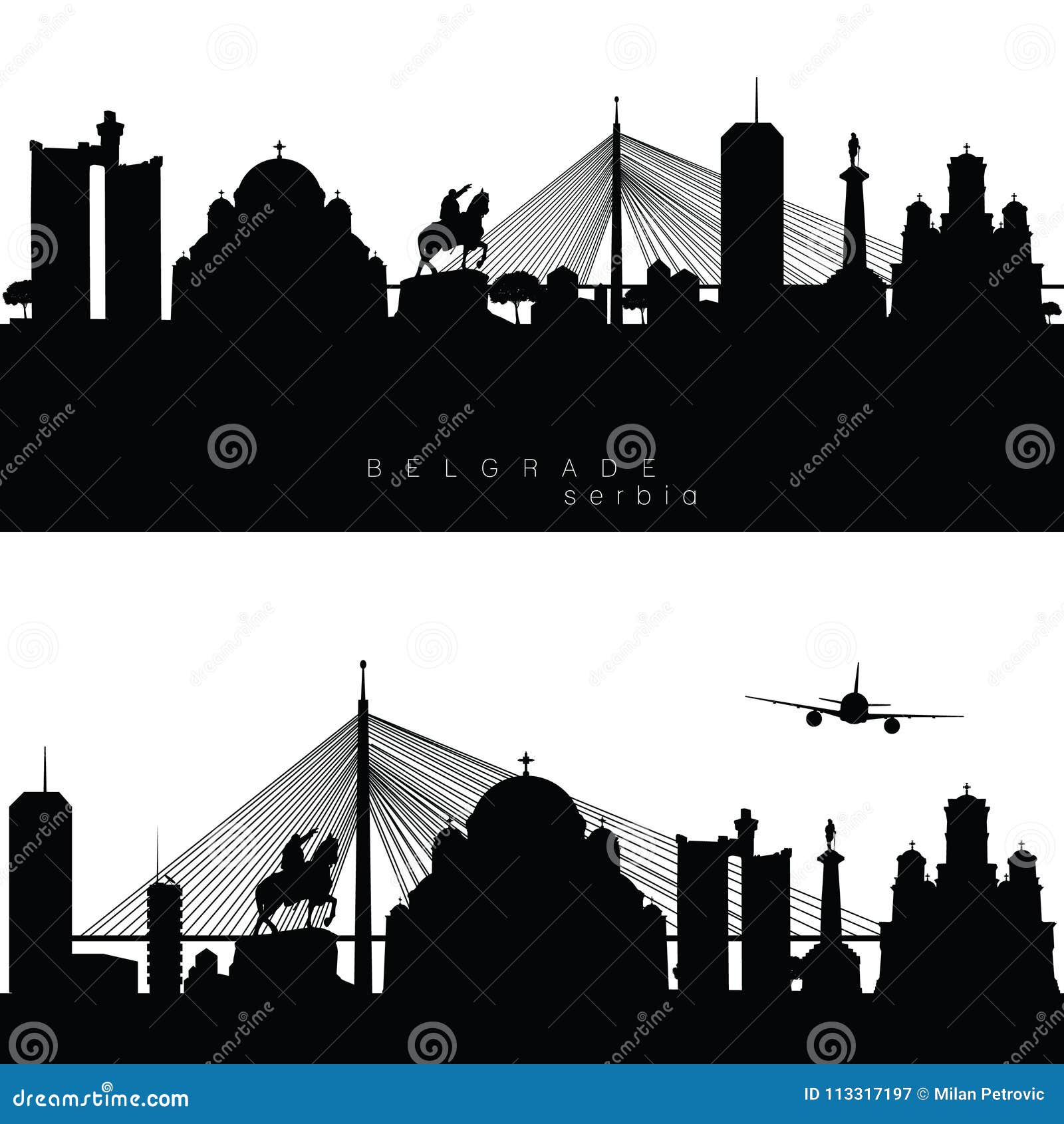 Belgrade Panorama with Buildings and Statue Silhouette Stock Vector ...