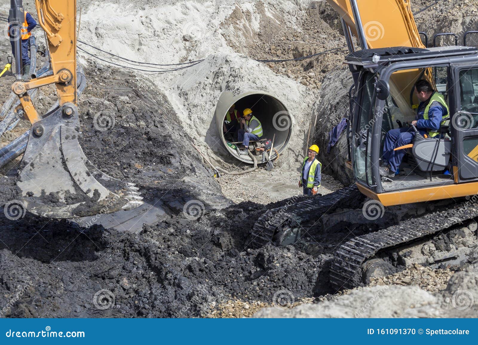 Construction Workers Resting in Big Pipe after Hard Work Editorial ...