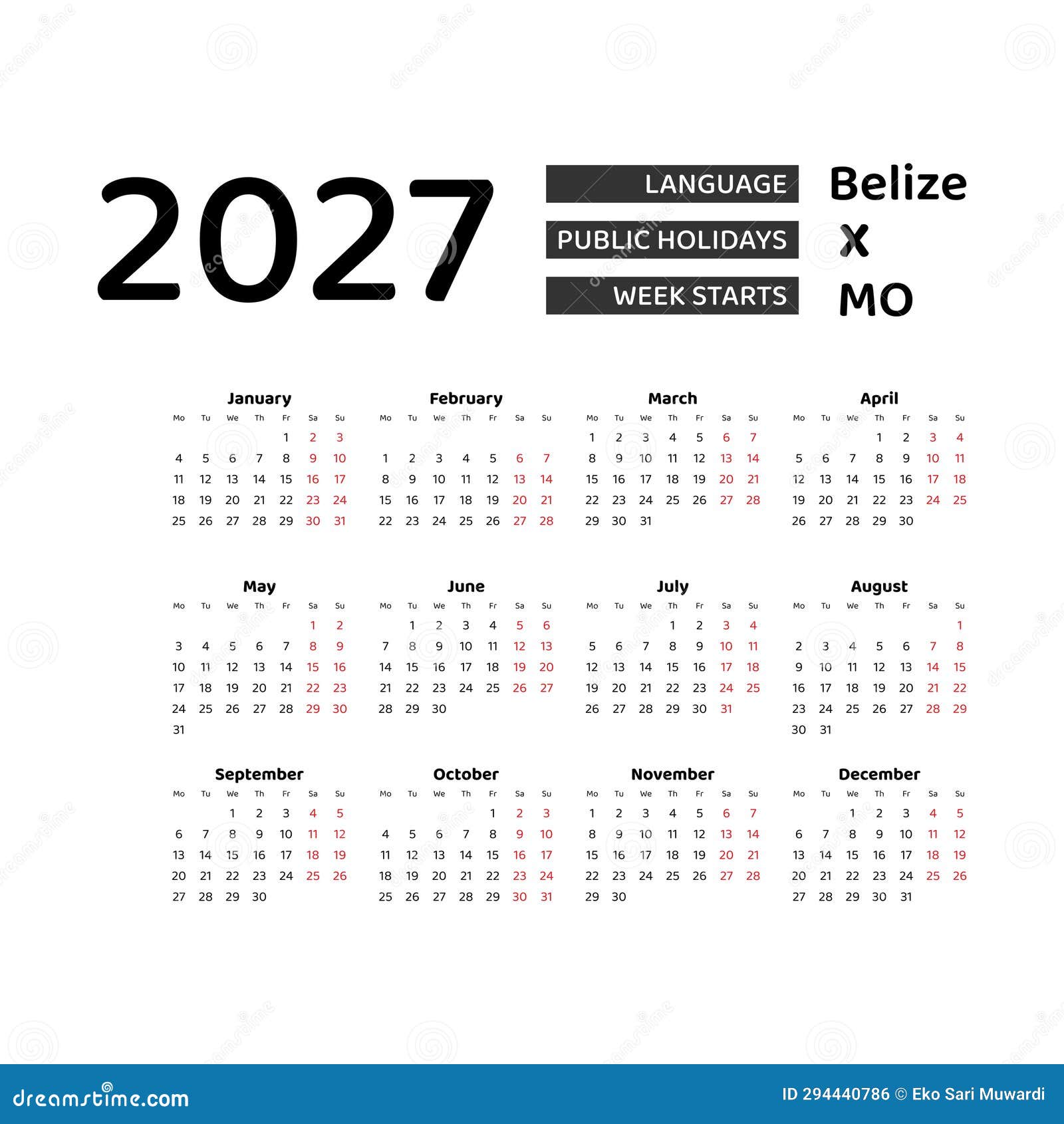 Belize Calendar 2027. Week Starts from Monday Stock Vector ...