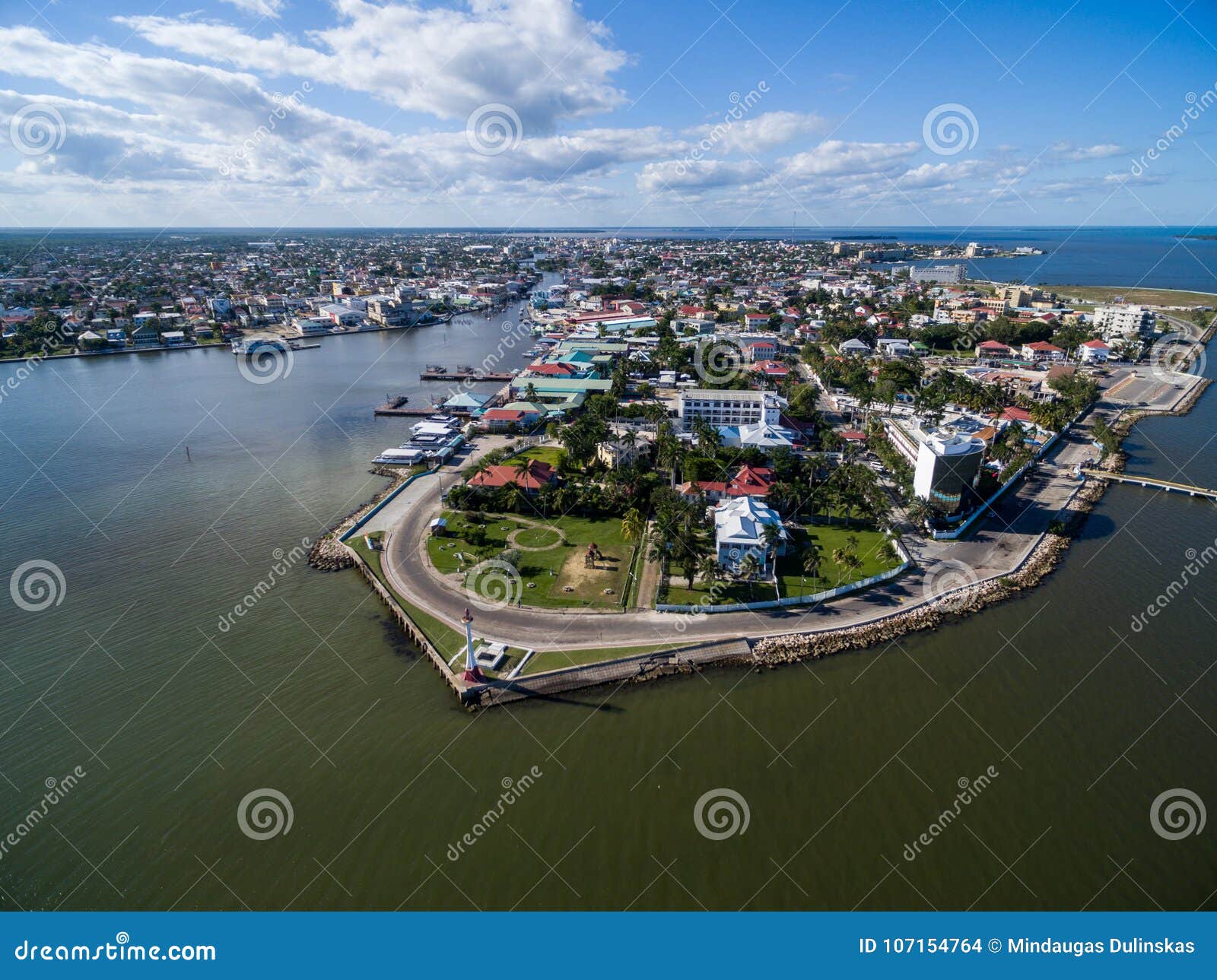 Belize Cityscape with Lighthouse and Caribbean Sea Stock Photo - Image ...
