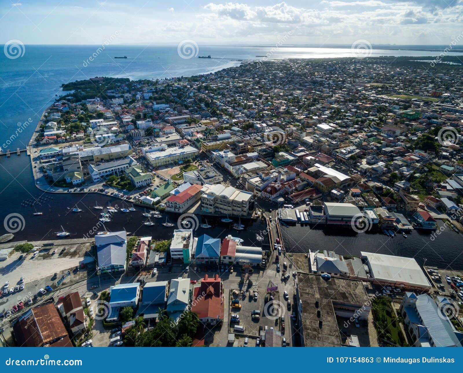 Belize Cityscape with Lighthouse and Caribbean Sea Stock Image - Image ...