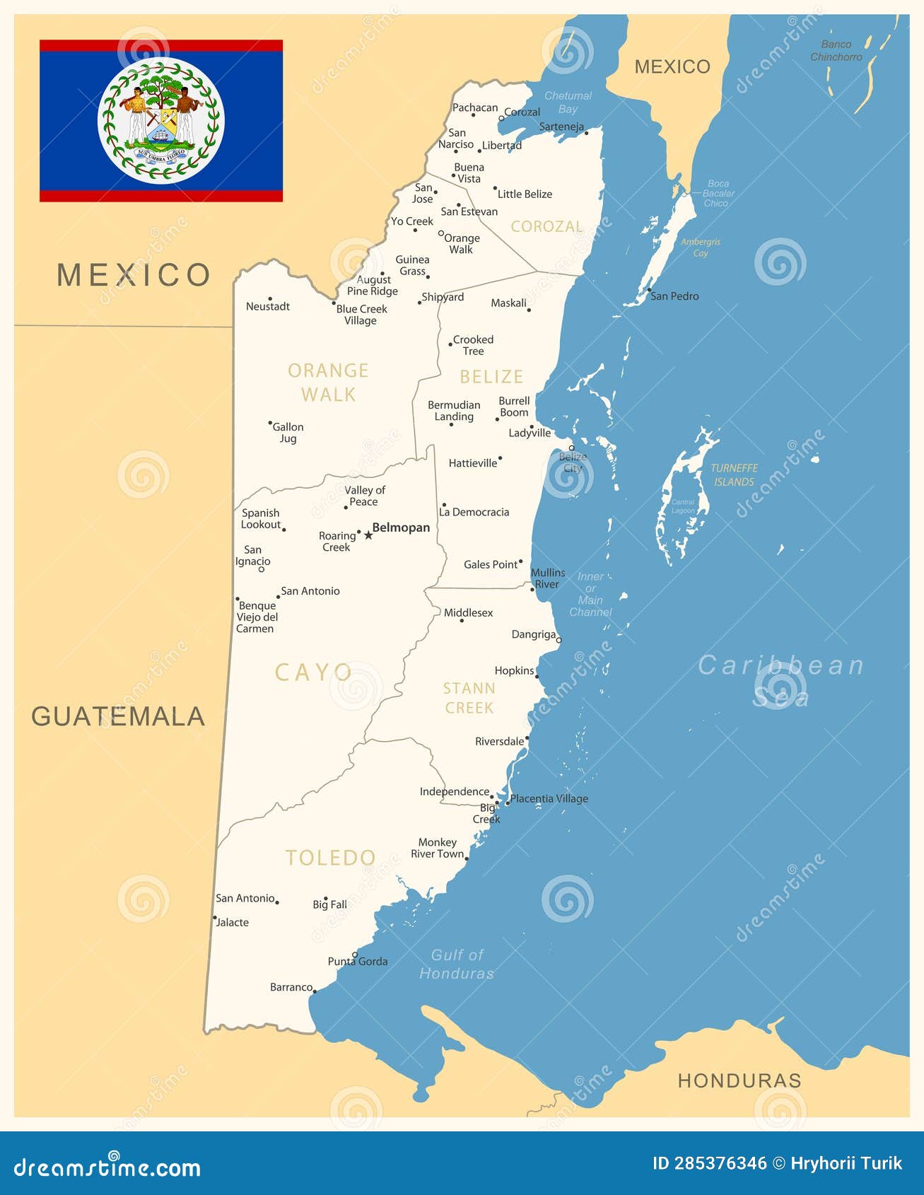 Belize - Detailed Map with Administrative Divisions and Country Flag ...
