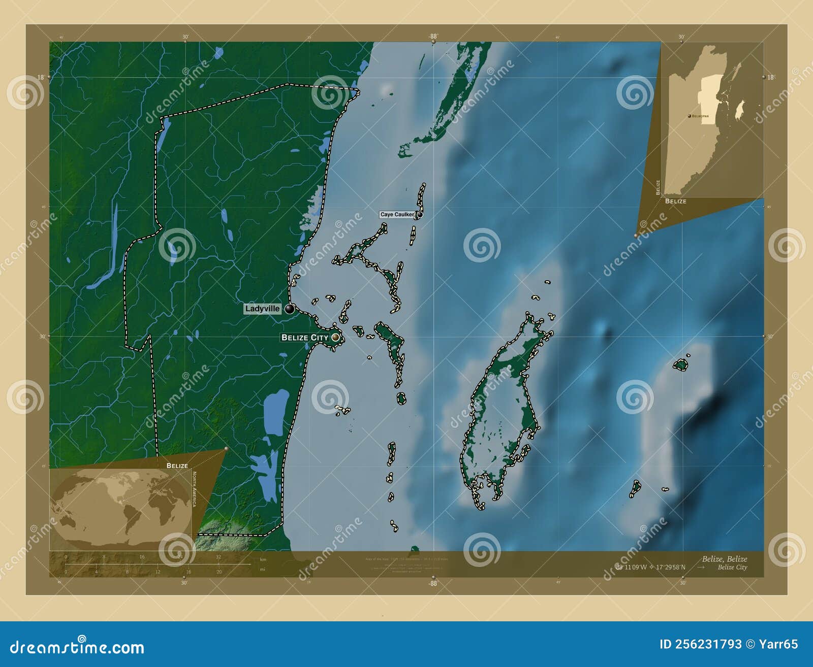 Belize, Belize. Physical. Labelled Points of Cities Stock Illustration ...