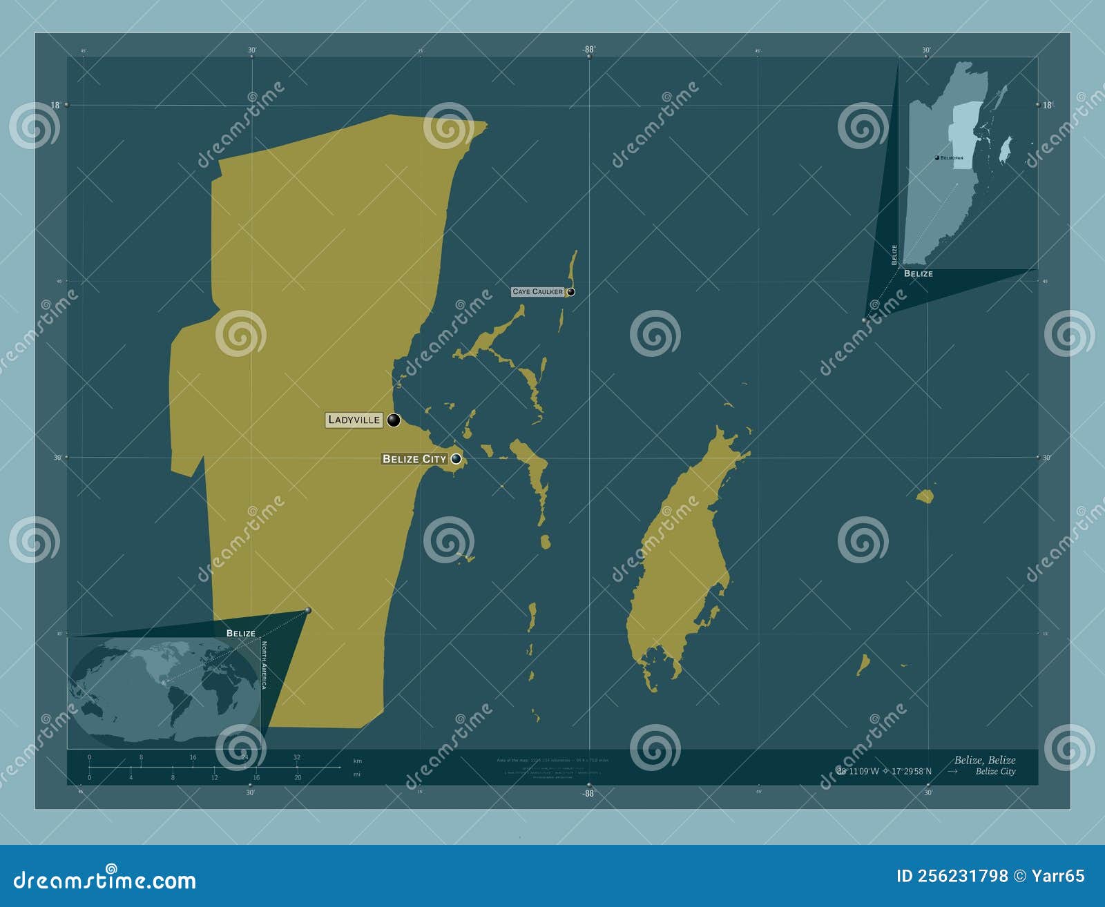 Belize, Belize. Solid. Labelled Points of Cities Stock Illustration ...