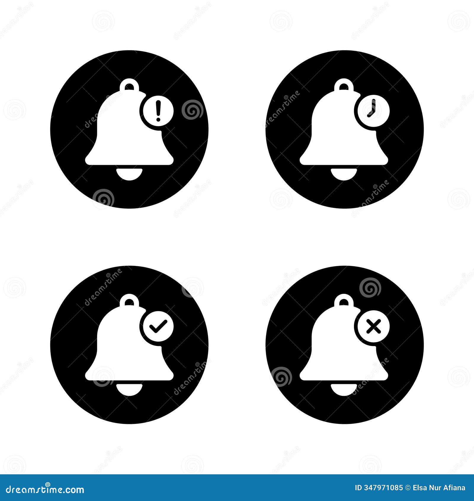 Bell with Exclamation Mark, Time, Checkmark, and Cross Icon on Black ...
