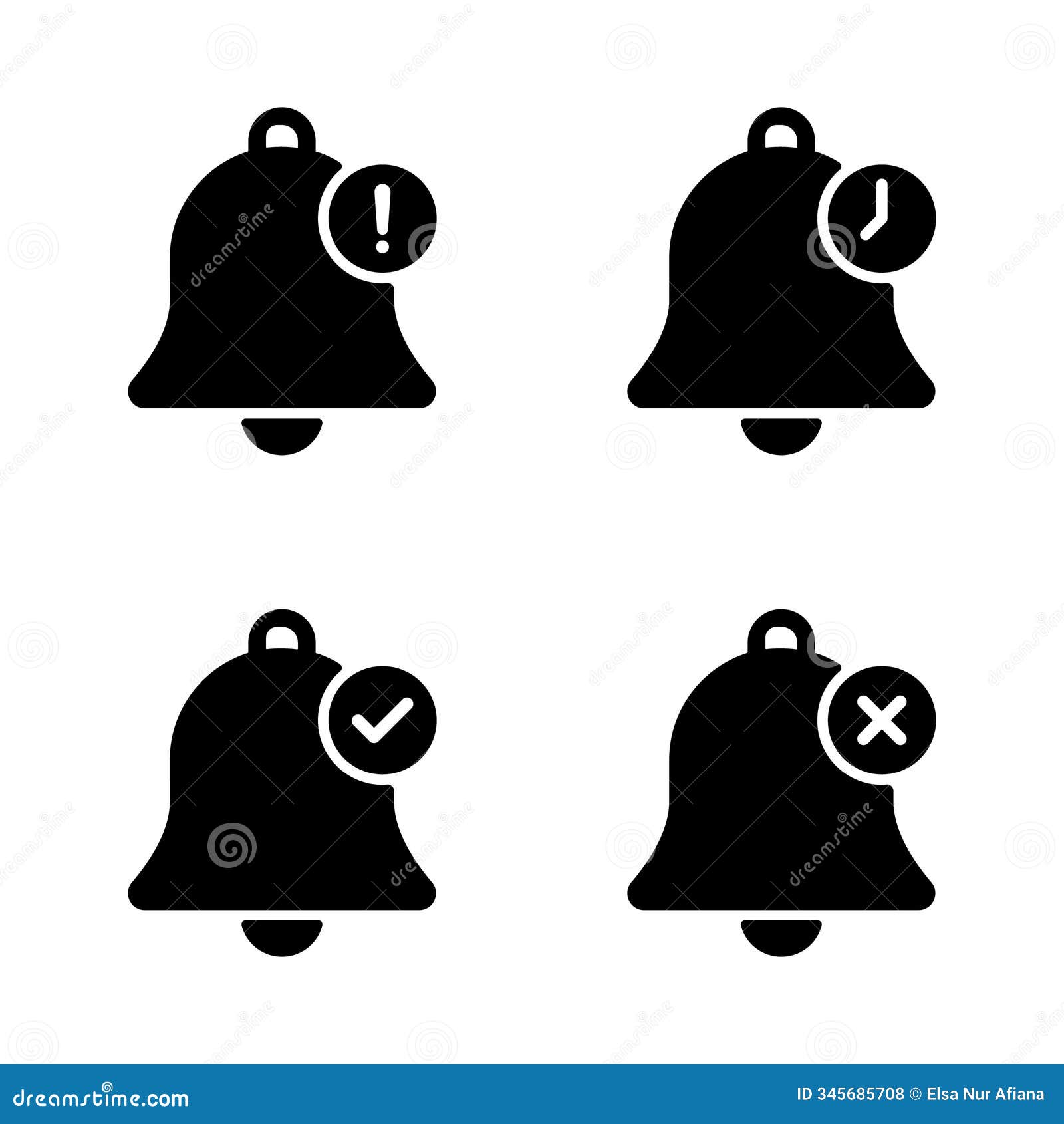 Bell with Exclamation Mark, Time, Checkmark, and Cross Icon ...