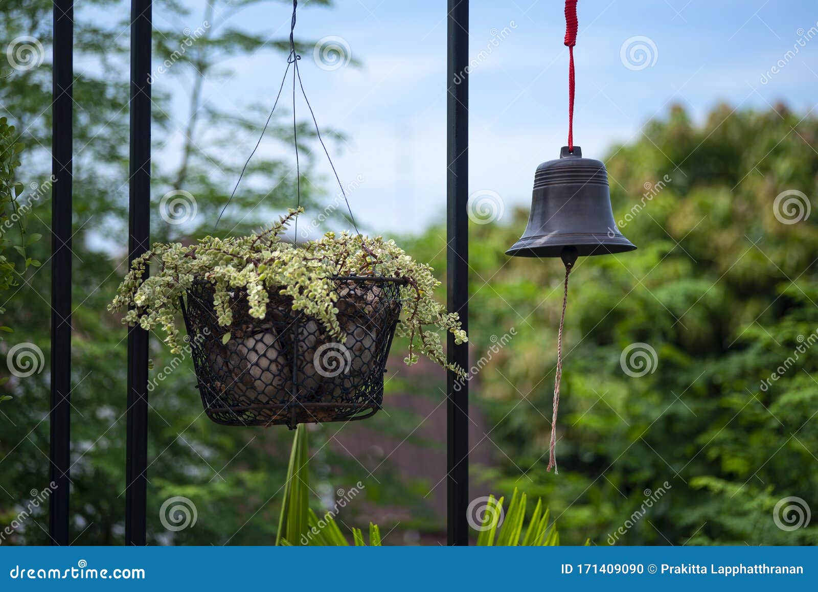 Bells Hung with Red Rope in Front of the Balcony Stock Photo - Image of ...
