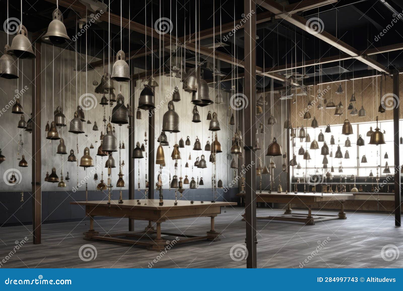 Bell Testing Area with Suspended Bells and Mallets Stock Illustration ...