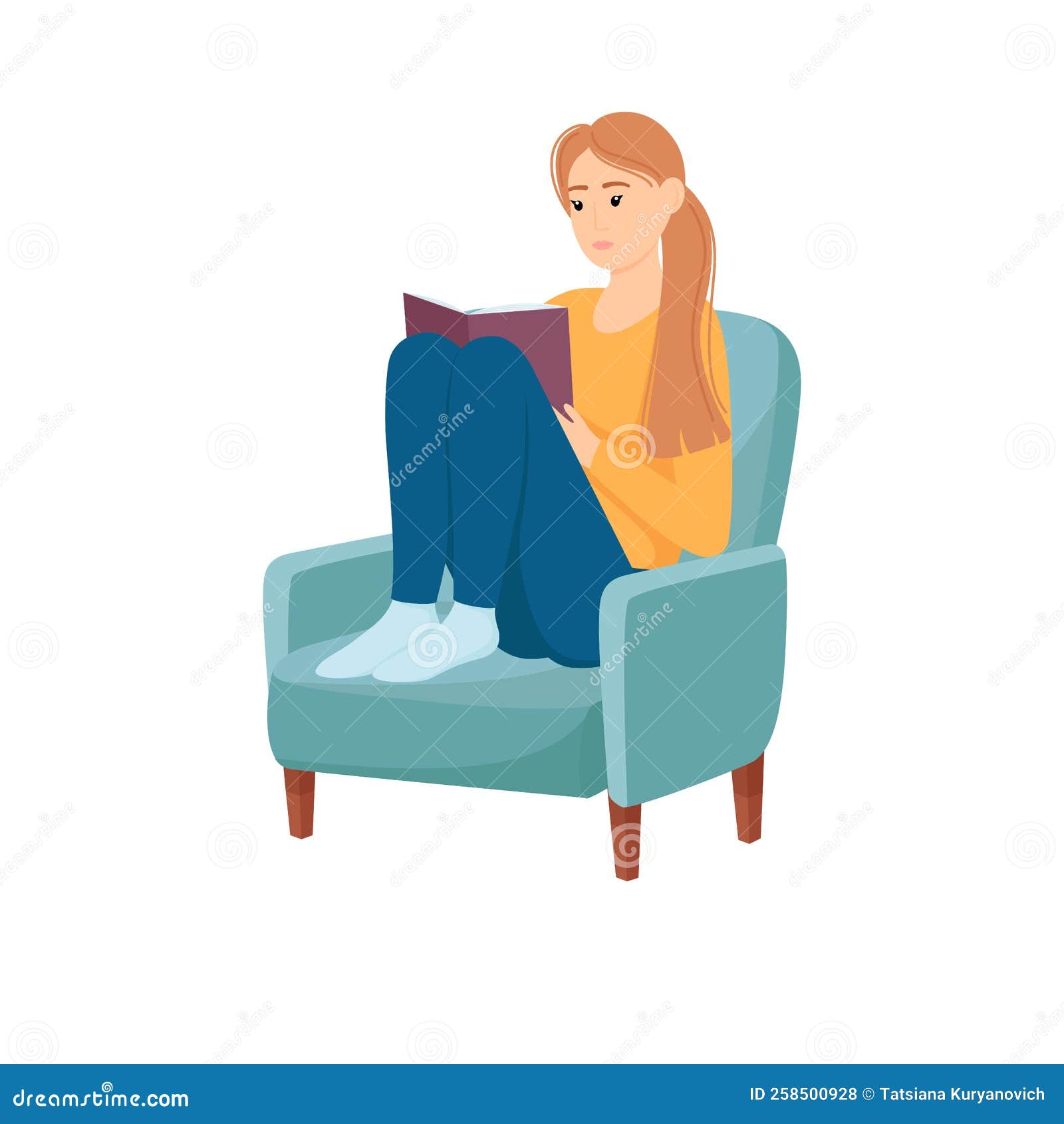 Belle Femme Assise Sur La Chaise Et Lire Livre Illustration