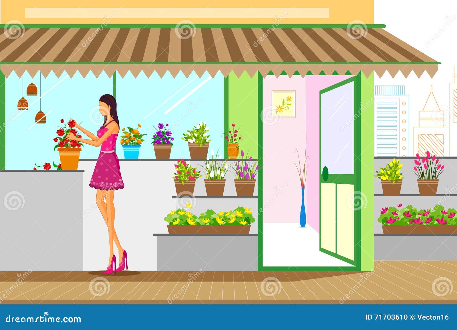 Belle Femme Dans Le Fleuriste Illustration Stock - Illustration du dame ...