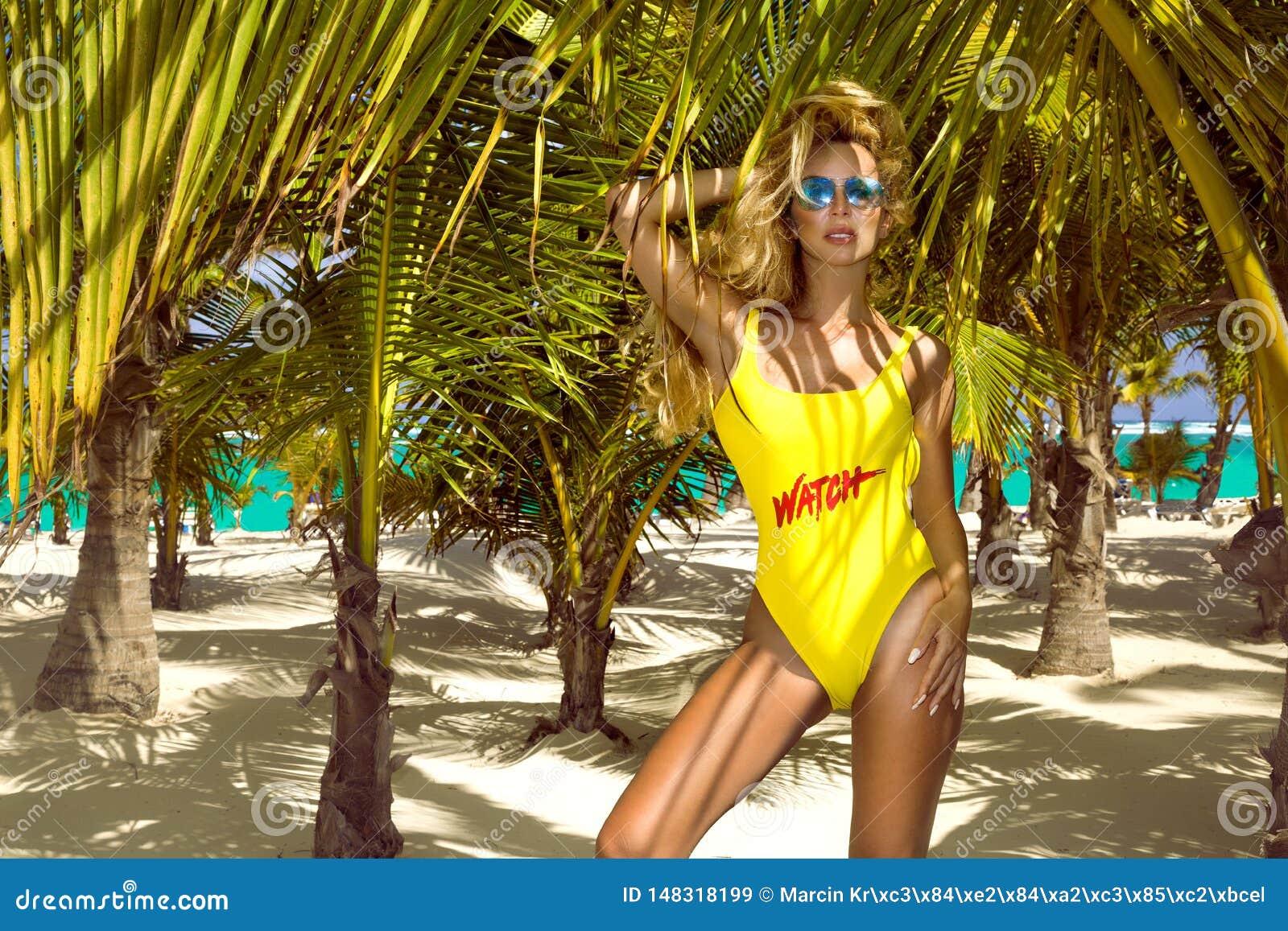 Belle Sexy Femme Dans Le Bikini Posant Sur La Plage Des Carabes Ma
