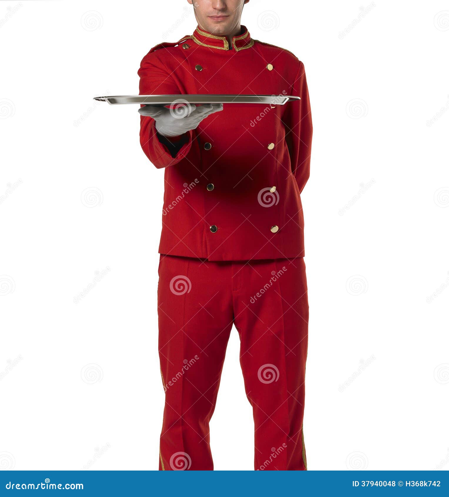 Bellhoper with Red Uniform Presents a Tray. Stock Photo - Image of ...