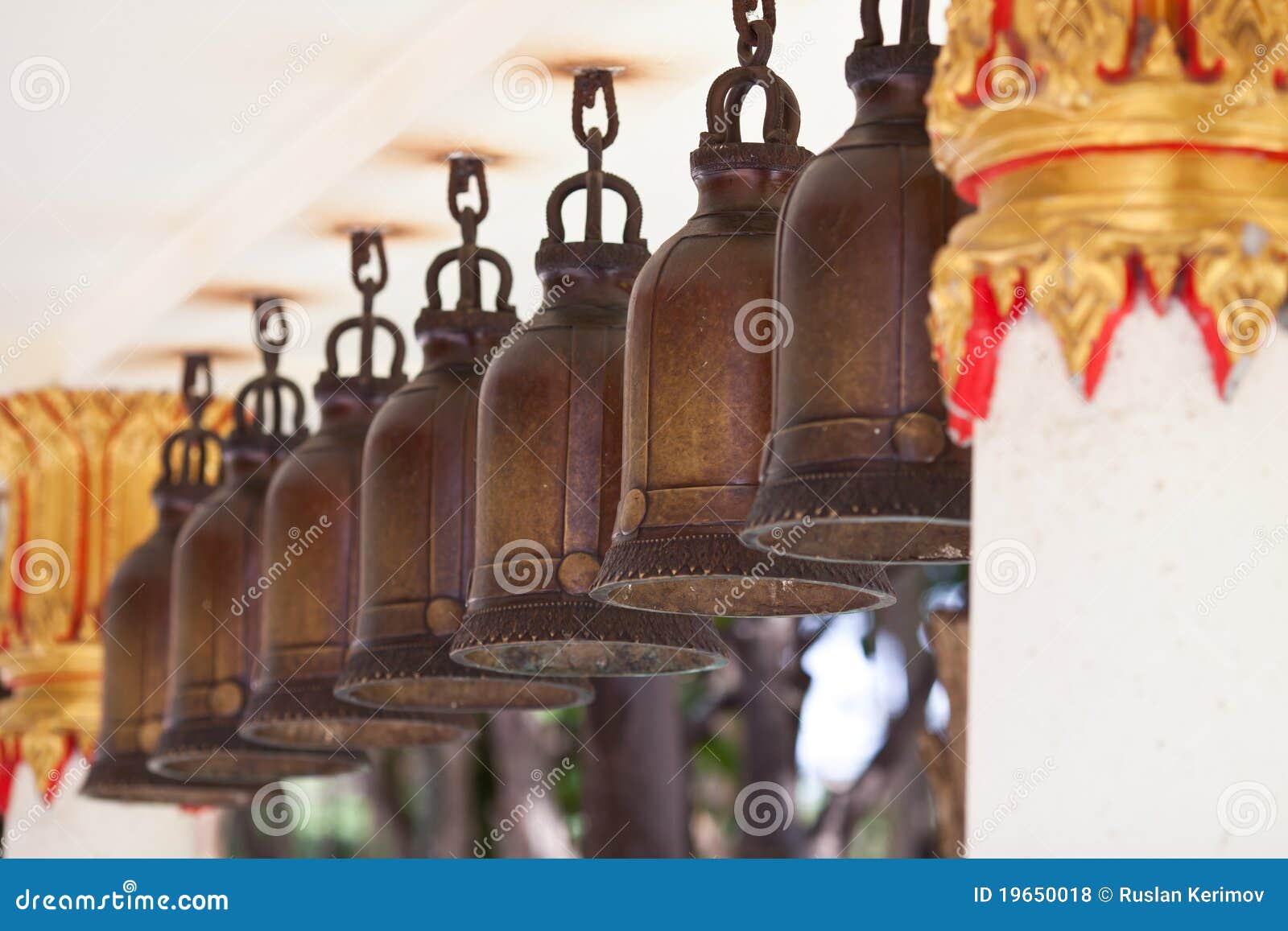 Bells in an Ancient Buddhist Temple Stock Photo - Image of columns ...