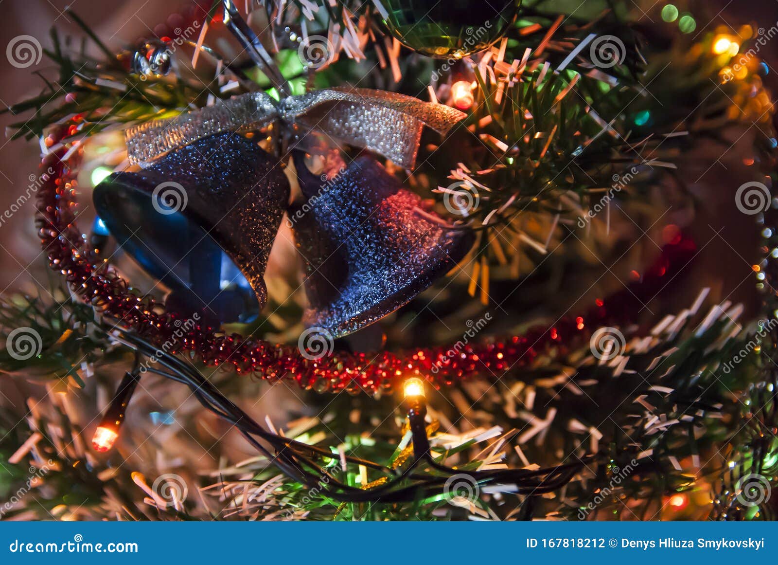 Bells on Christmas Tree Close-up. Stock Photo - Image of xmas, green ...