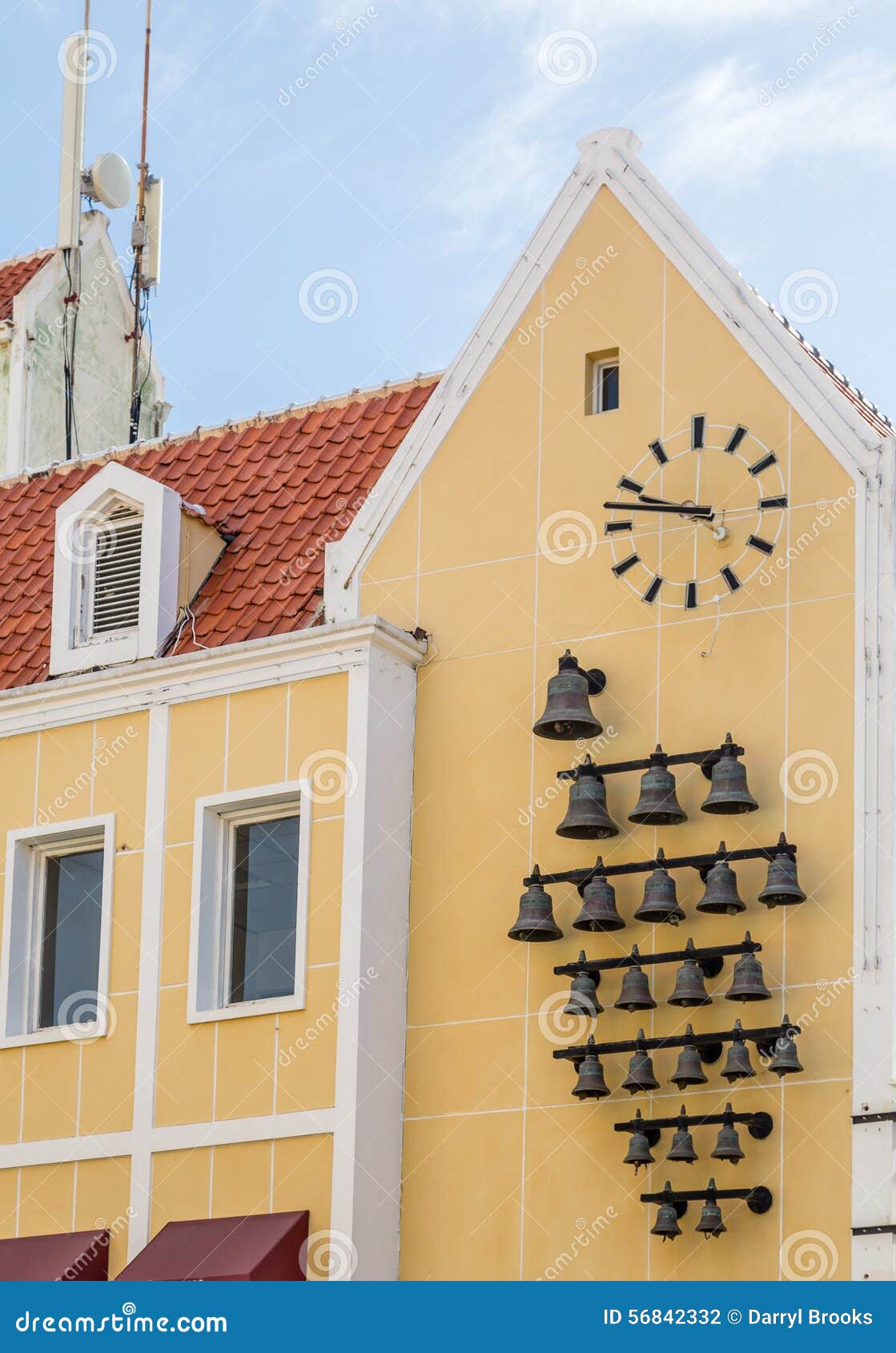 Bells and Clock on Old Yellow Church Stock Photo - Image of exterior ...
