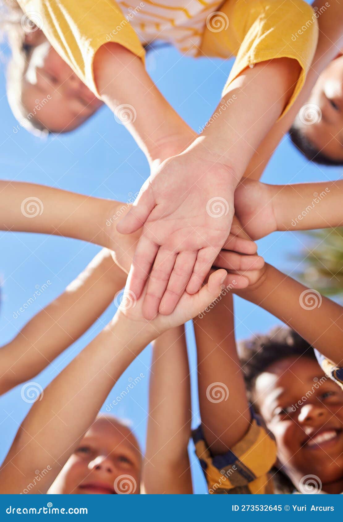 Below Hands Stack, Children Together and Outdoor for Sunshine, Teamwork ...