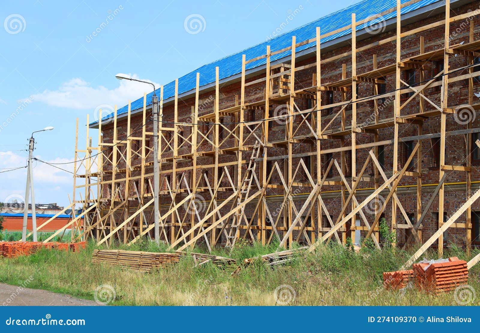 From Below Scaffolding Around Brick Building during Renovations Stock ...