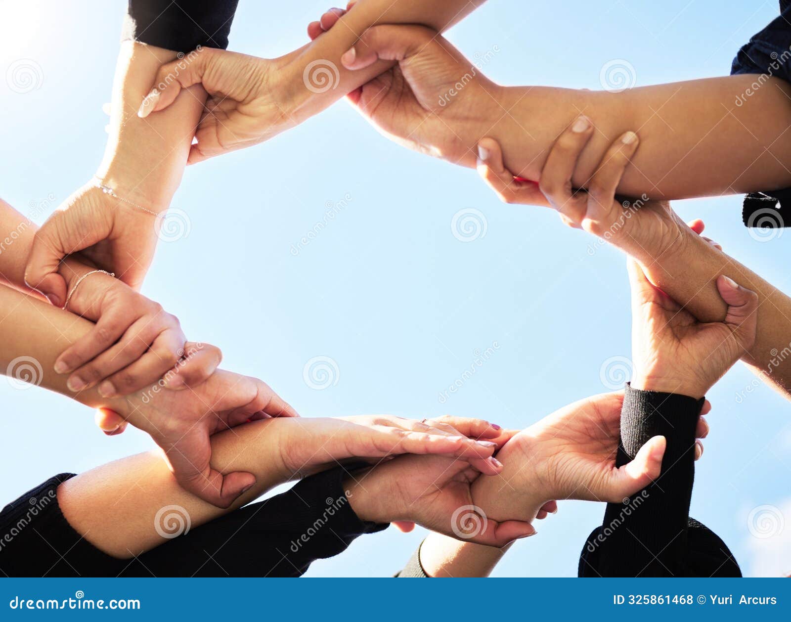 Below, Team and Hands in Circle for Support, Strength and Unity for ...