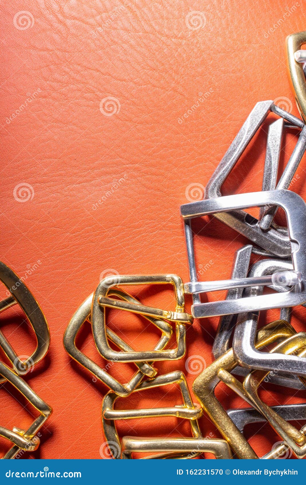Belt Buckles and Coral Leather Background with Empty Space for Mockup ...