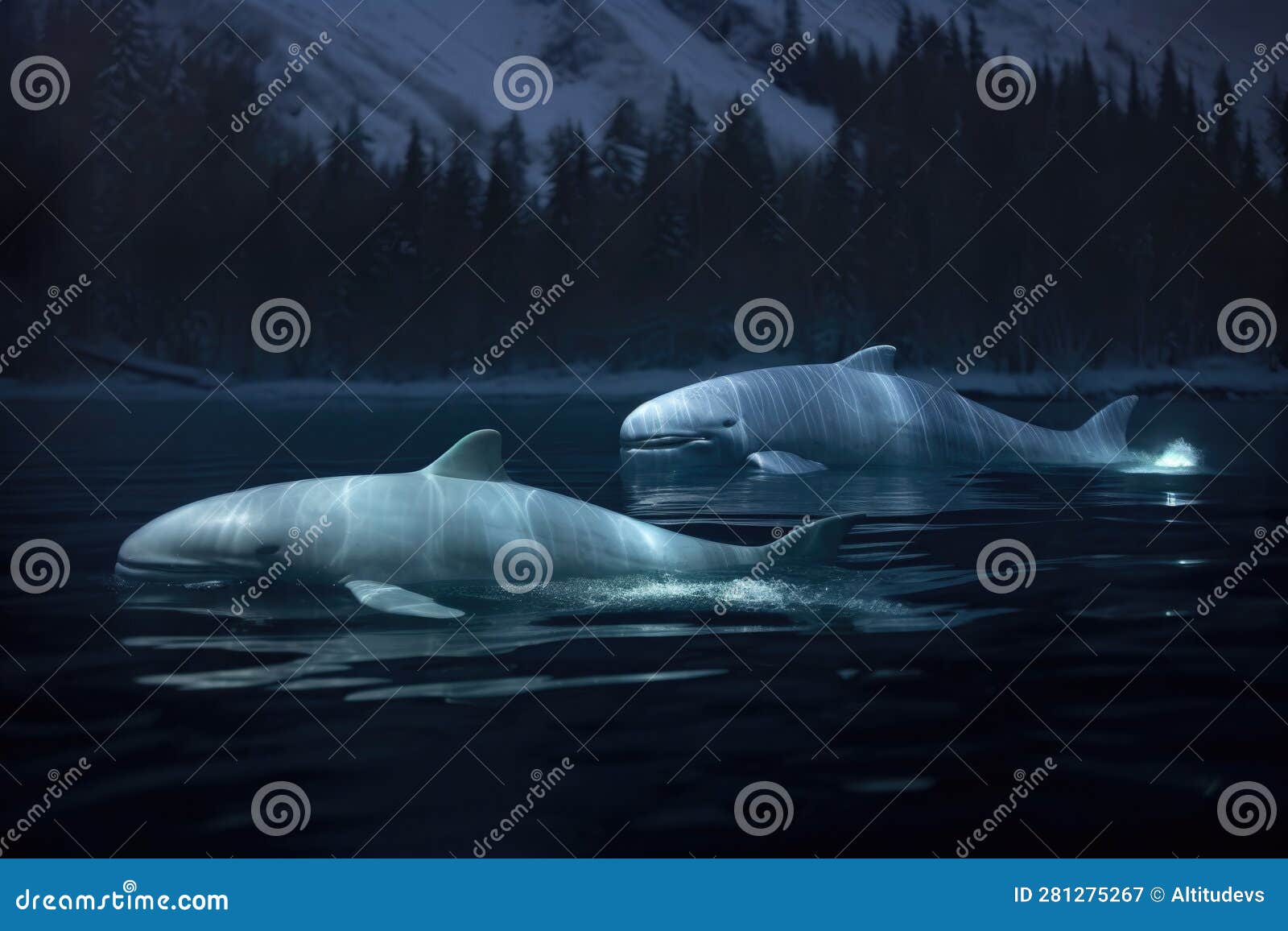 Beluga Whales Surfacing in Dark Icy Waters Stock Illustration ...