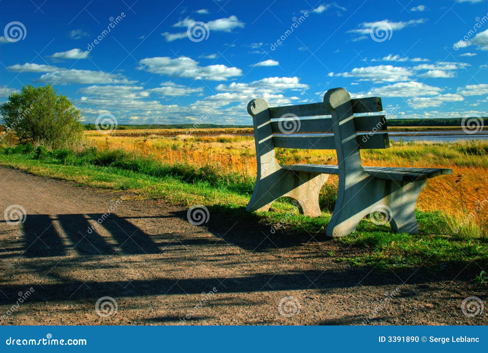 Bench along riverside path stock photo. Image of cement - 3391890