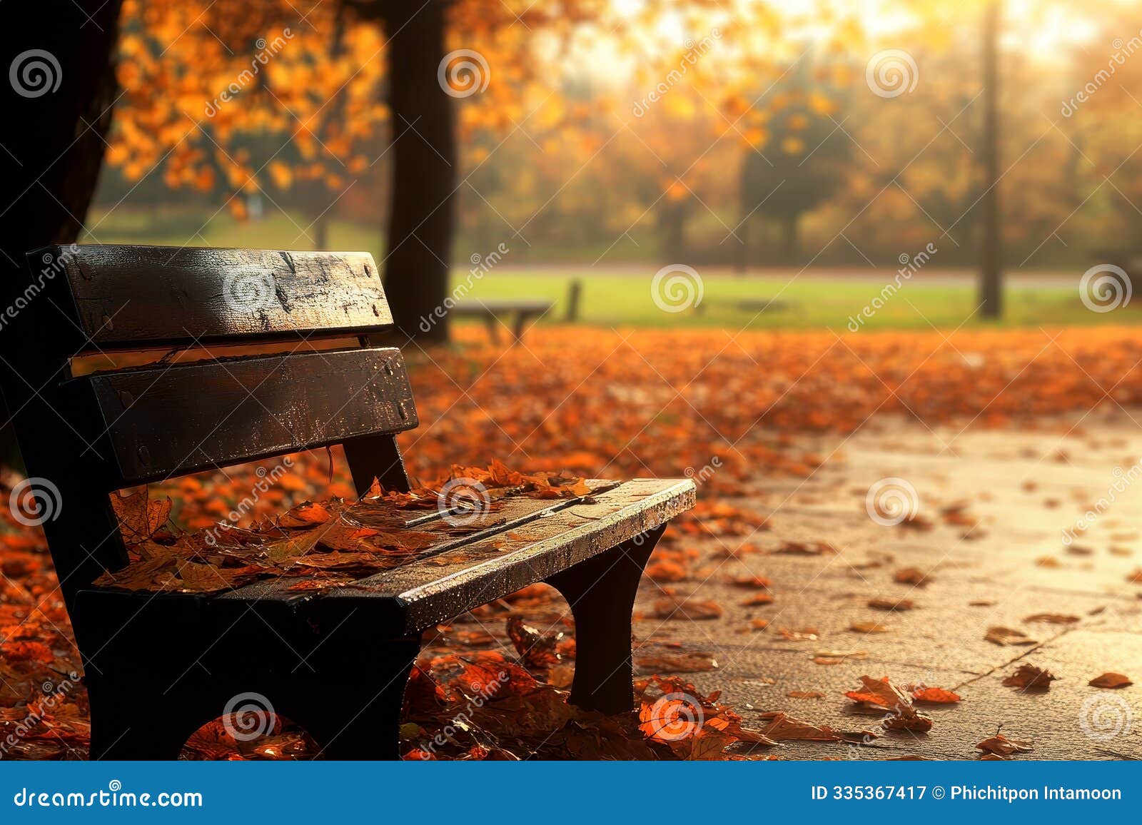A Bench on Autumn Background with Autumn Leaves Falling Down Stock ...