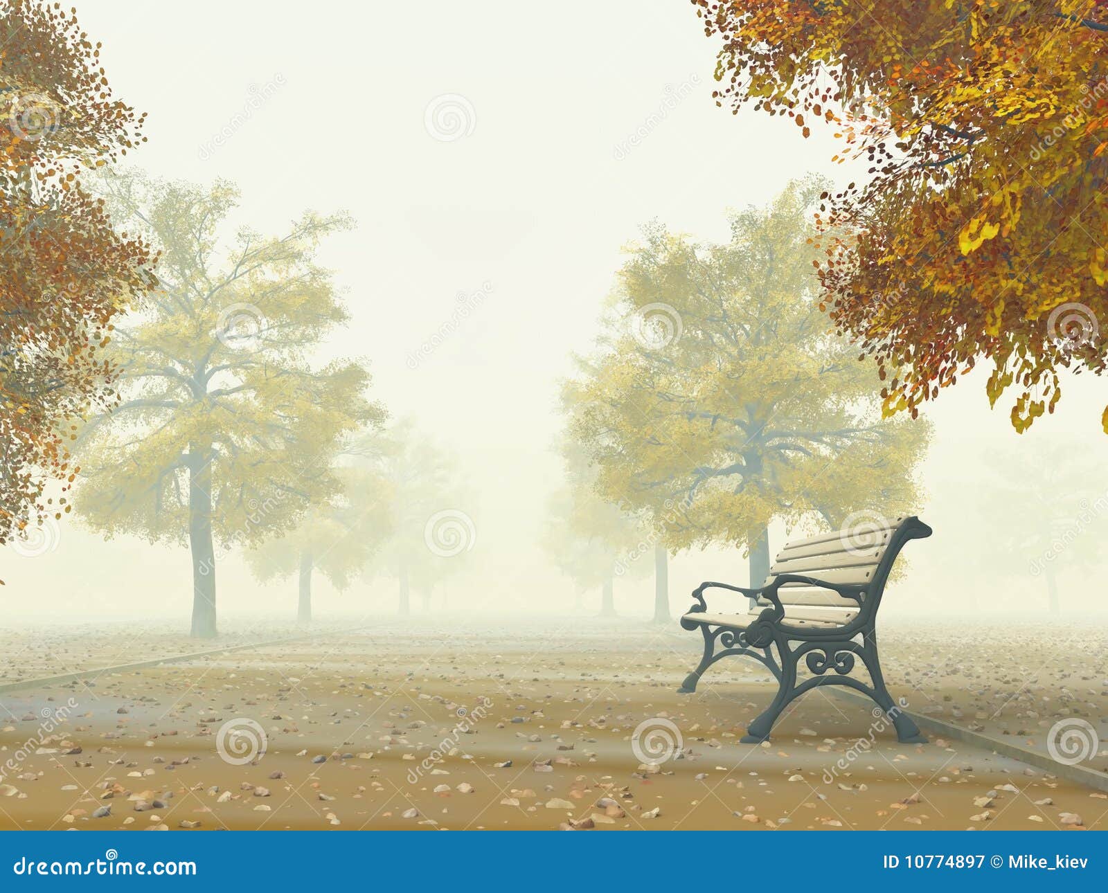 Bench on autumn path stock illustration. Illustration of yellow - 10774897