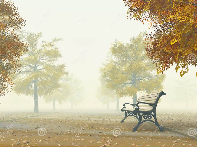 Bench on autumn path stock illustration. Illustration of yellow - 10774897