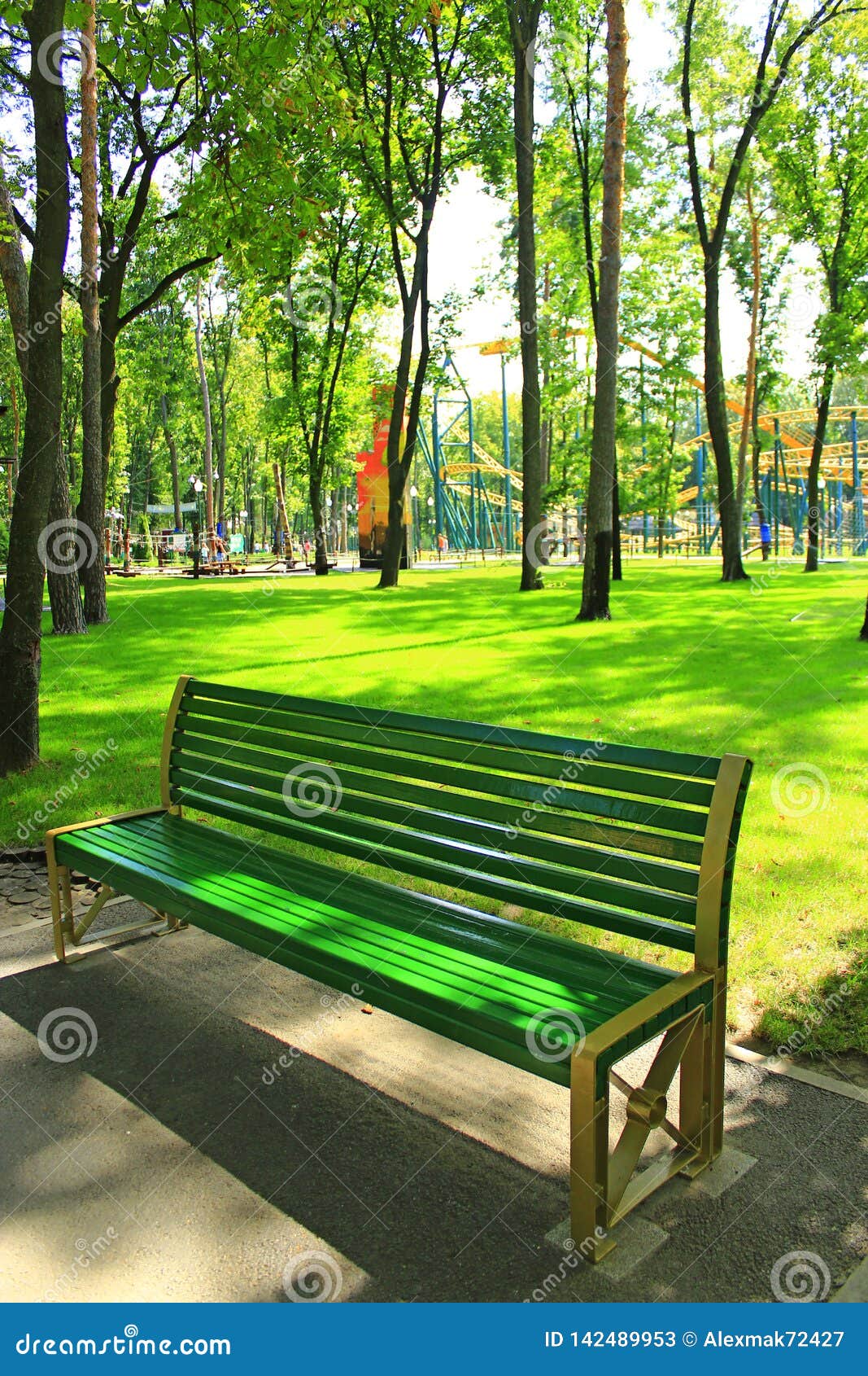 Bench in Beautiful Park with Many Green Trees Stock Image - Image of ...