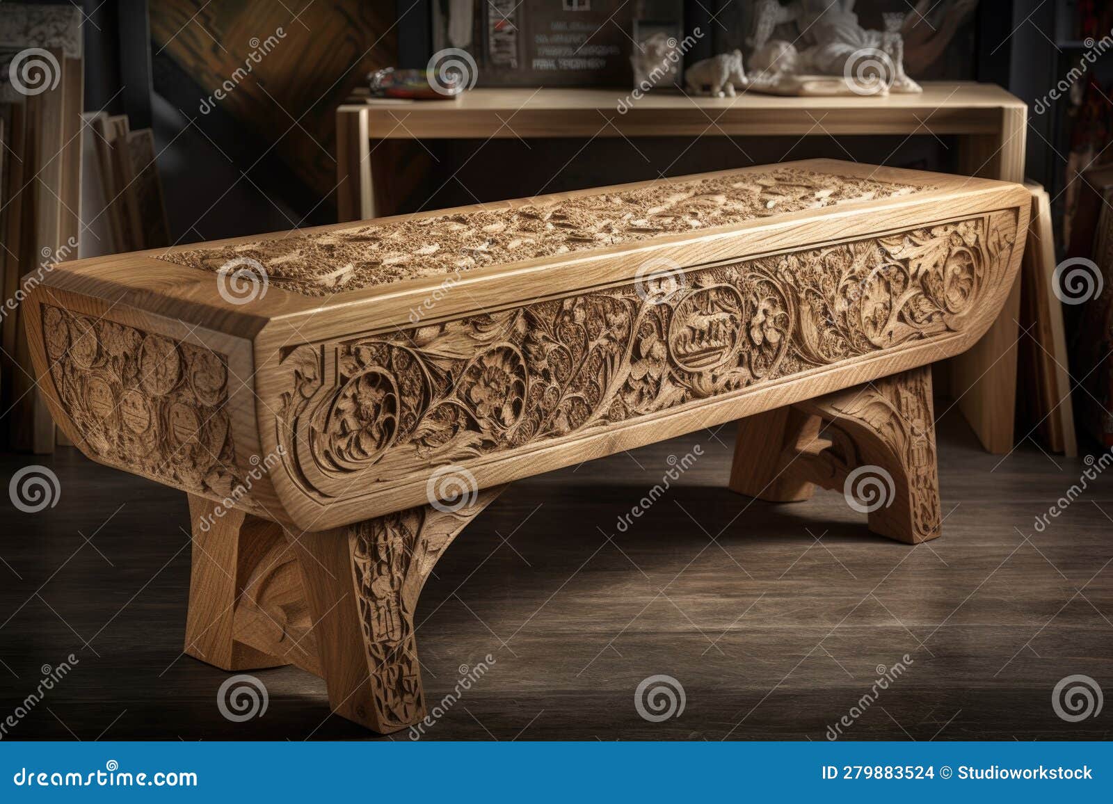 Bench Carved from Solid Oak, with Intricate Details and Textures Stock ...