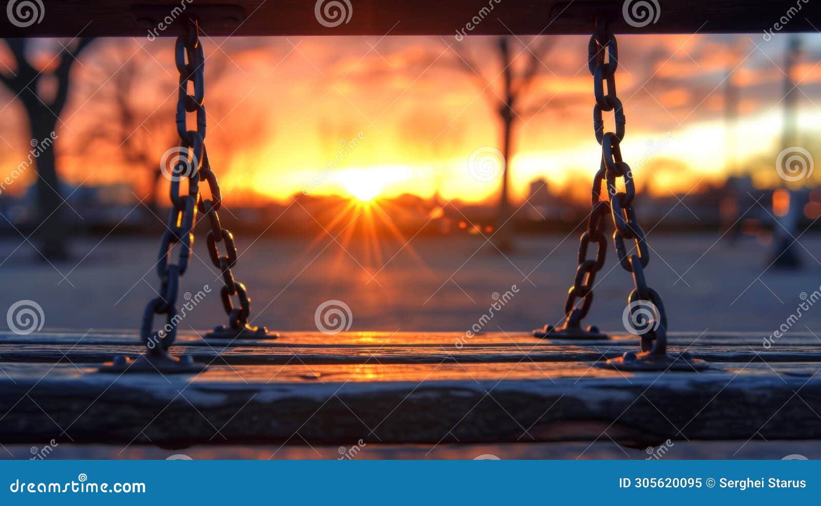 A Bench with Chains and a Sunset in the Background, AI Stock Image ...