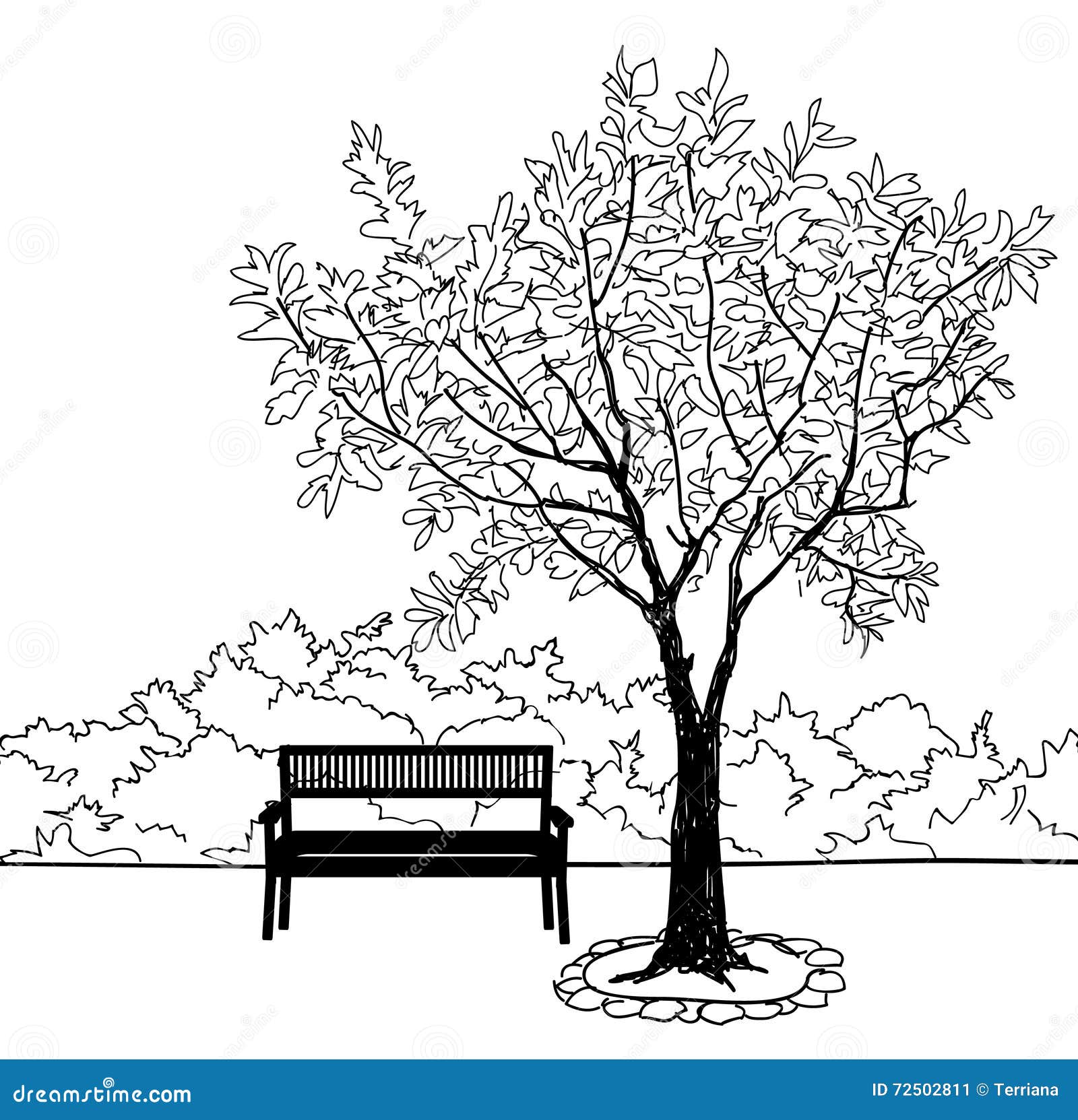 Sketching Of Park Alley View With Trees Cypress And Mountain In Cartoon ...