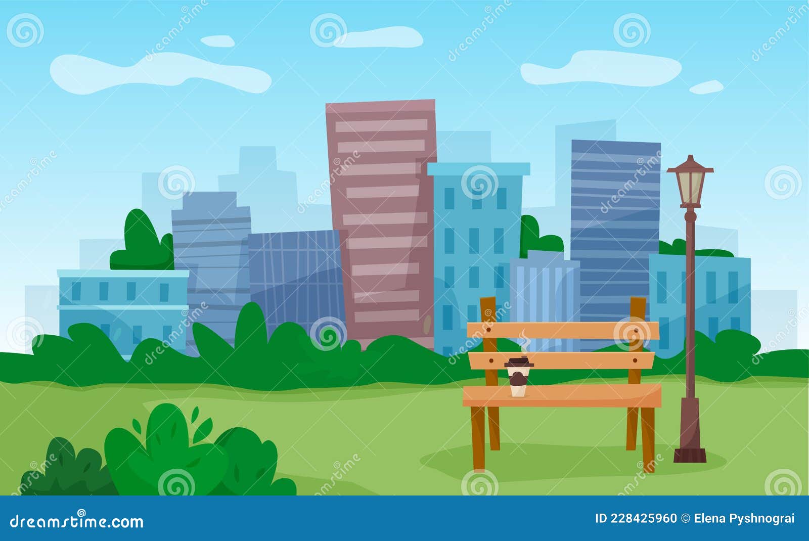 Bench in City Park with Skyscrapers Background. Flat Style Illustration ...