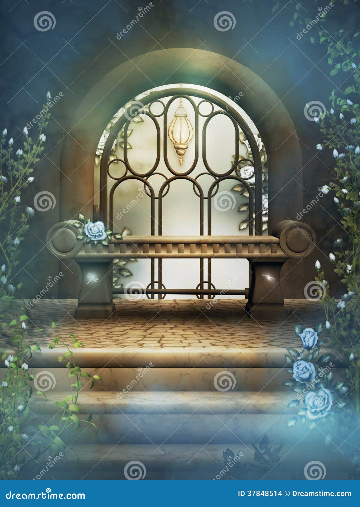 The Bench in Fantasy Garden Stock Photo - Image of butterfly, beautiful ...