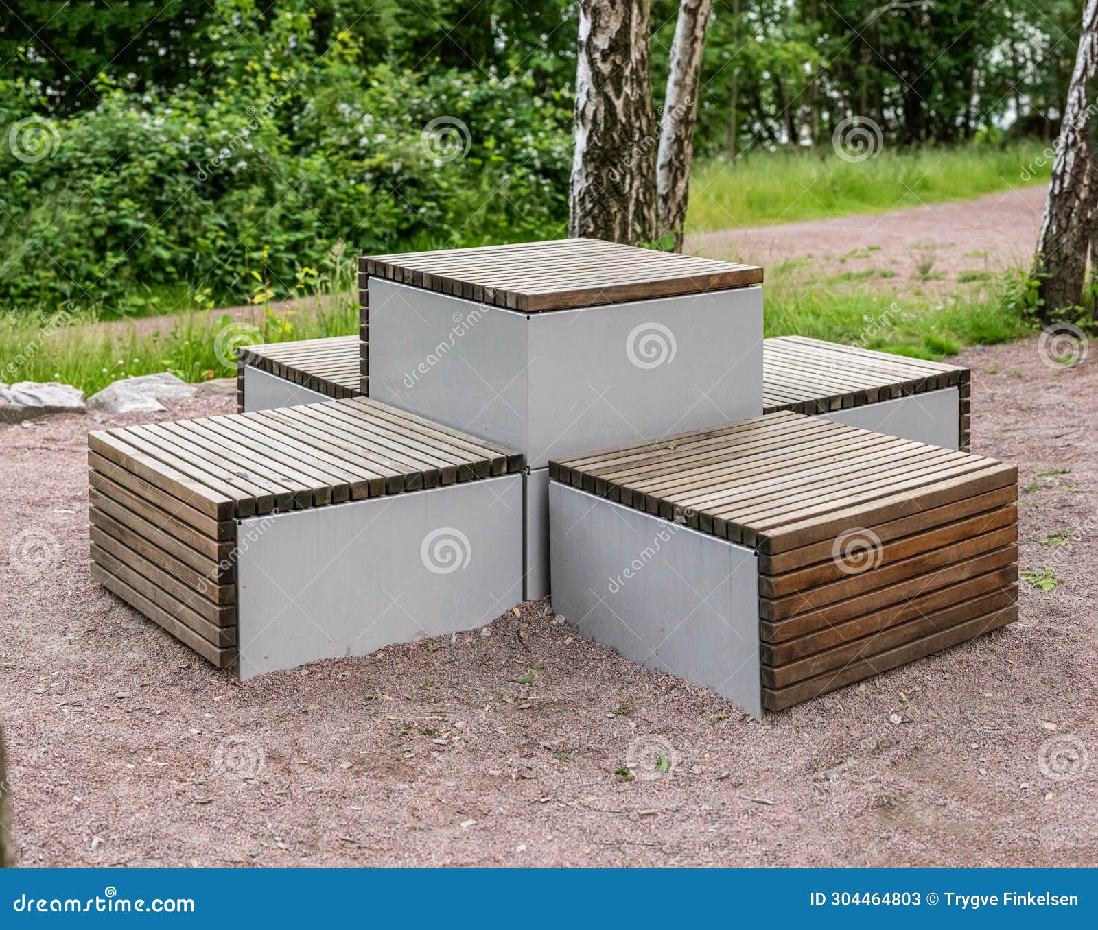 Bench Formed As Cubes with Wood Seating.. Stock Image - Image of ...