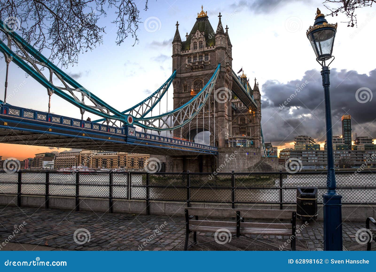 Bench in Front of Tower Bridge at Sunset Stock Photo - Image of ...