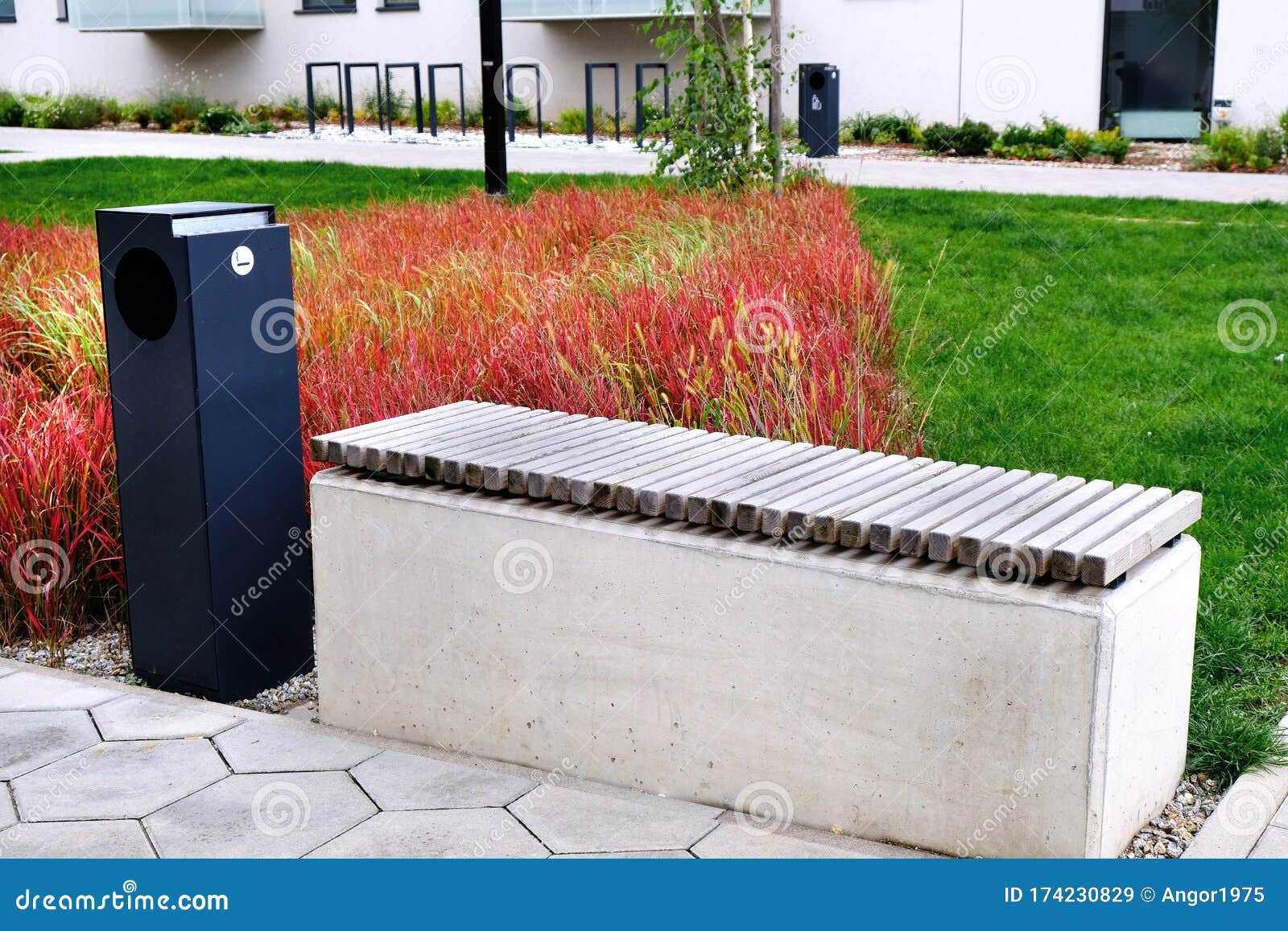 Bench and Garbage Bin in Garden of Nodern Residential District Stock ...