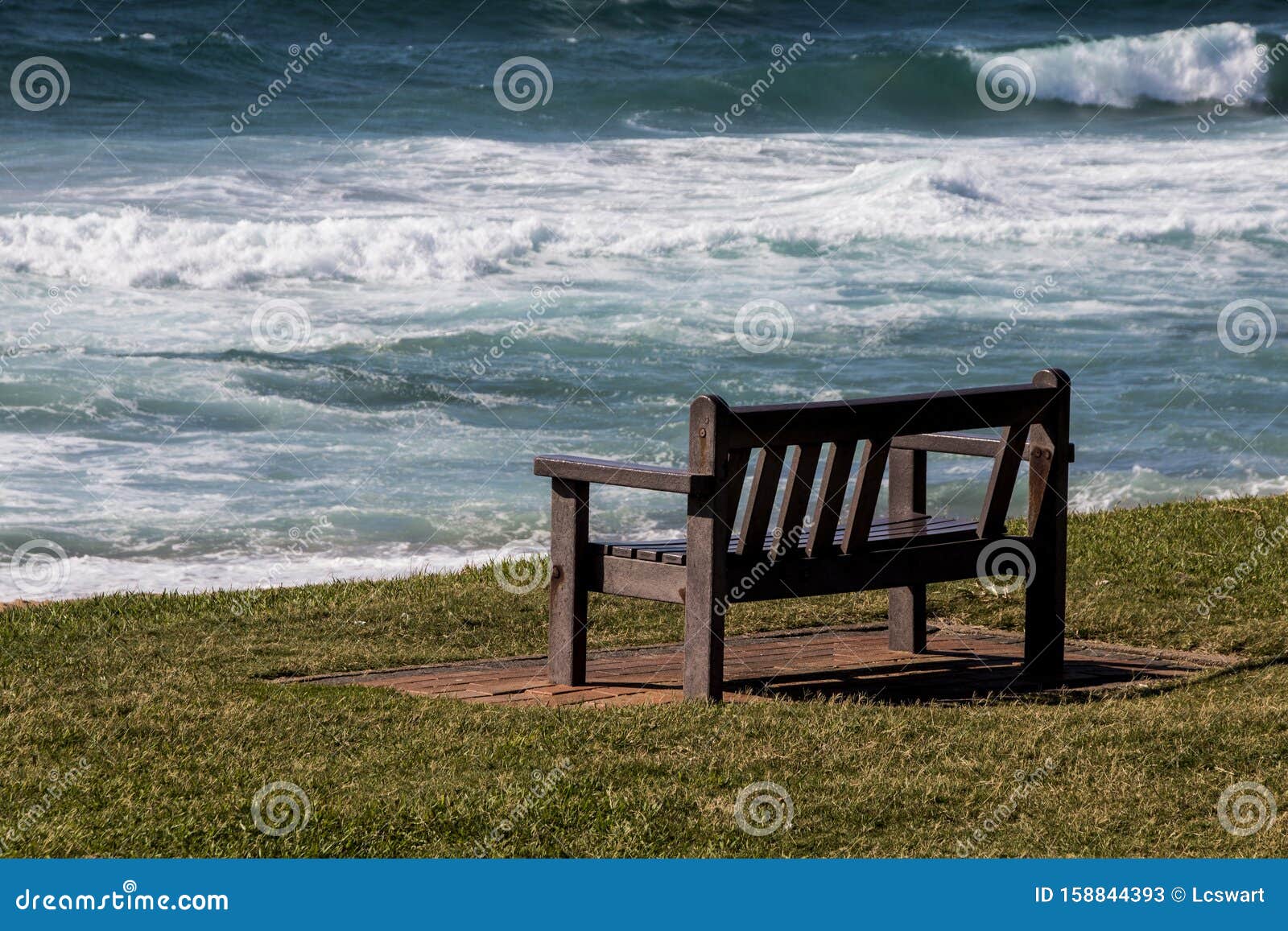 Bench on the Grass Facing the Sea Stock Image - Image of surf, brown ...