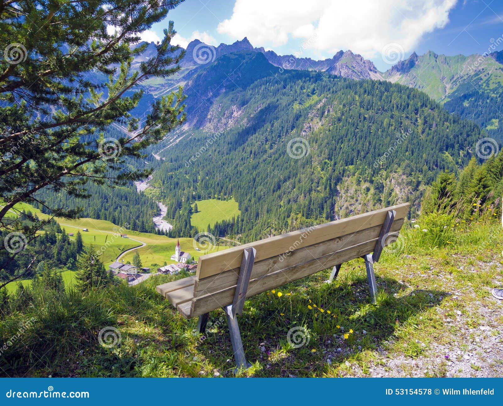 Bench for Hikers with Alpine View Stock Photo - Image of mountains ...