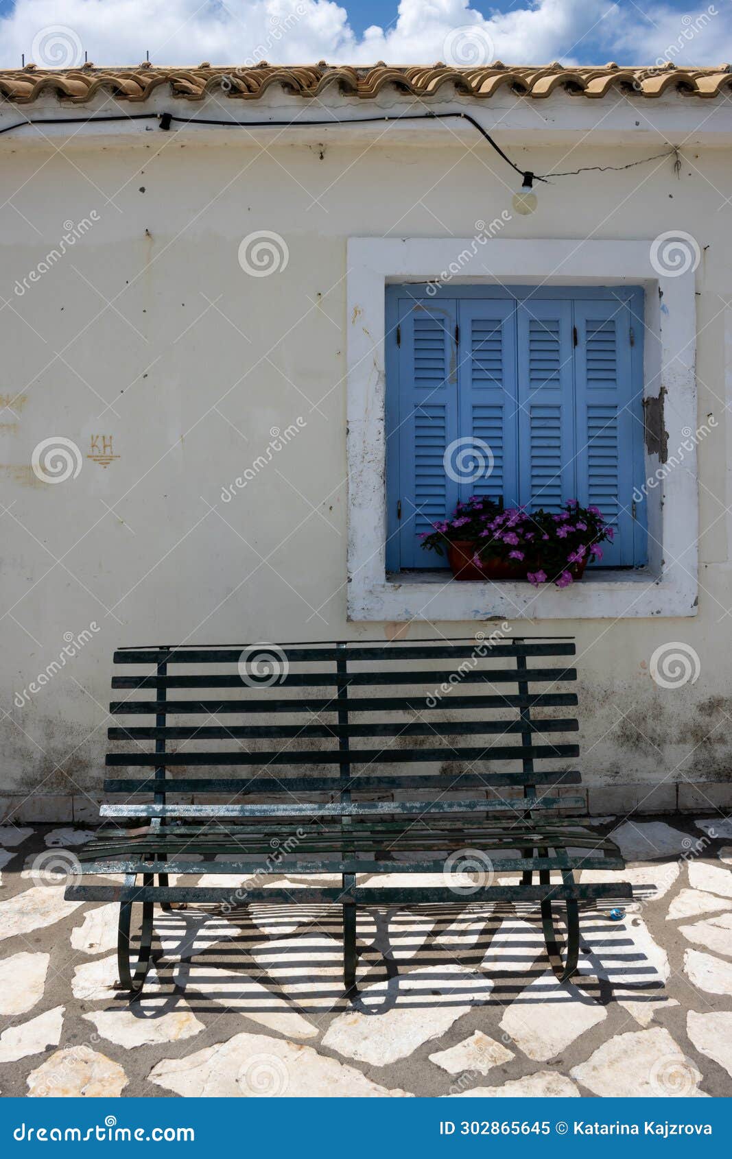 Bench Infront of the House with Shuttered Window Stock Image - Image of ...