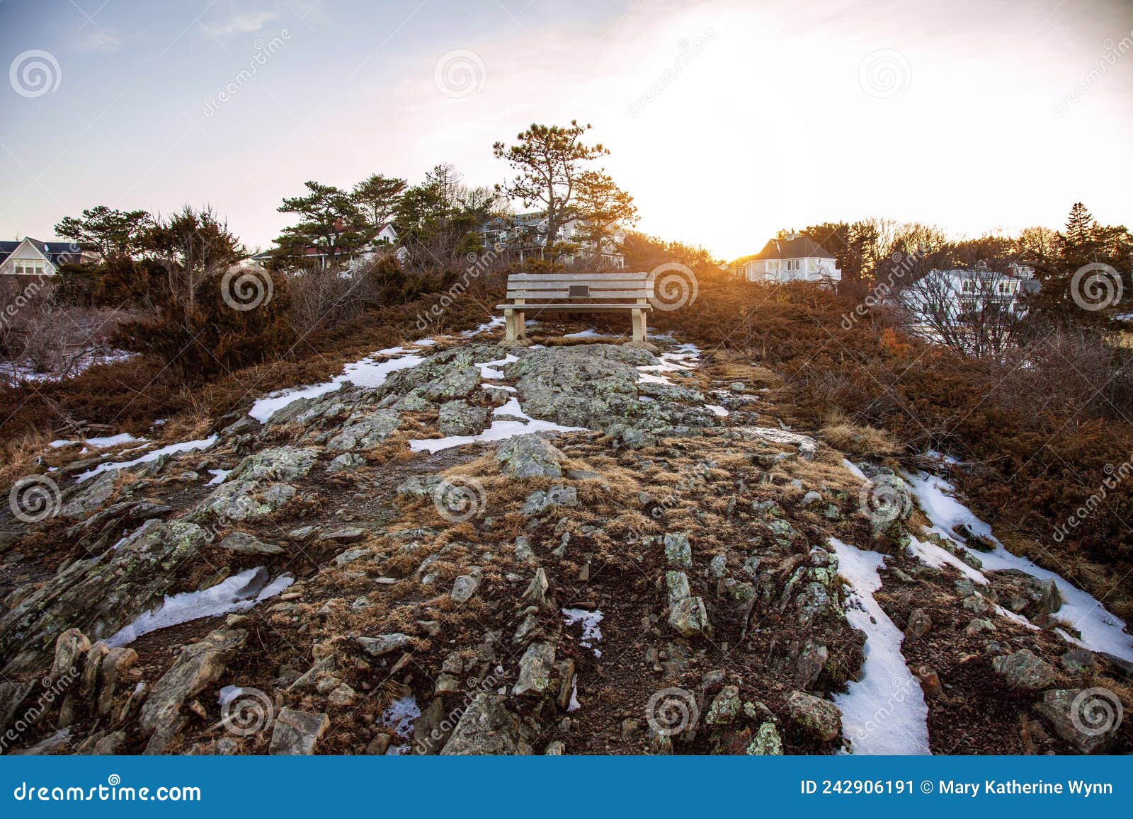 Bench on Marginal Way Path at Sunset in Ogunquit Maine during Winter ...