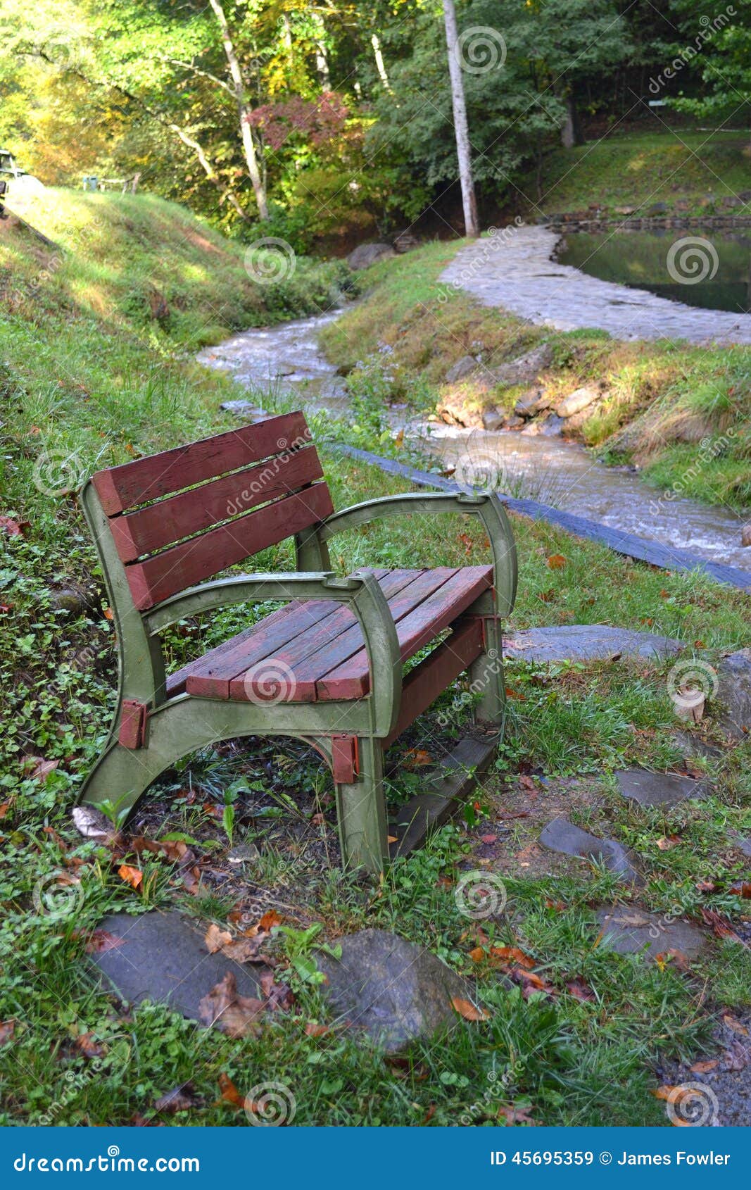 Bench by a Mountain Stream stock image. Image of refreshing - 45695359