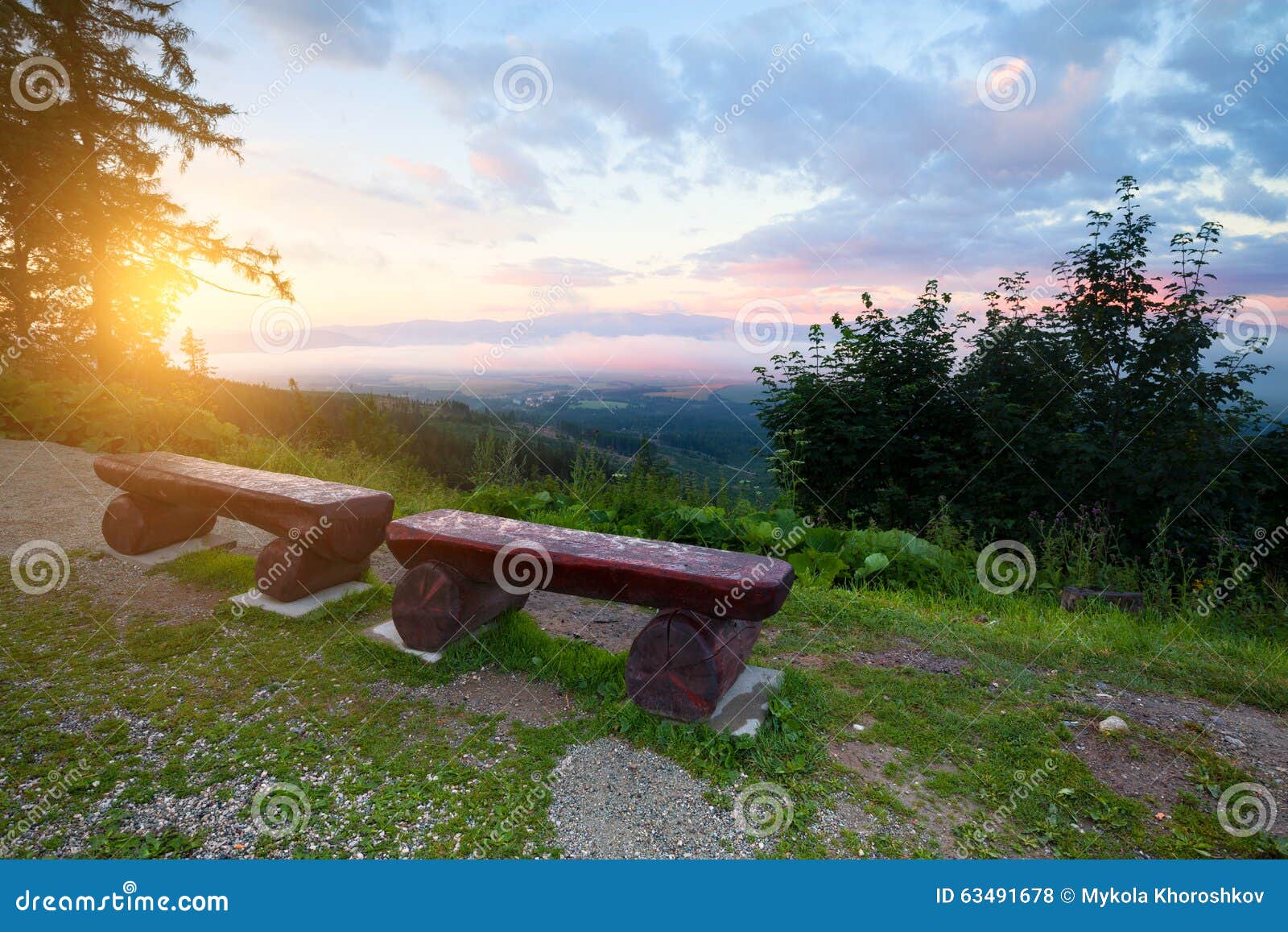 Bench at the mountains stock photo. Image of nature, bench - 63491678